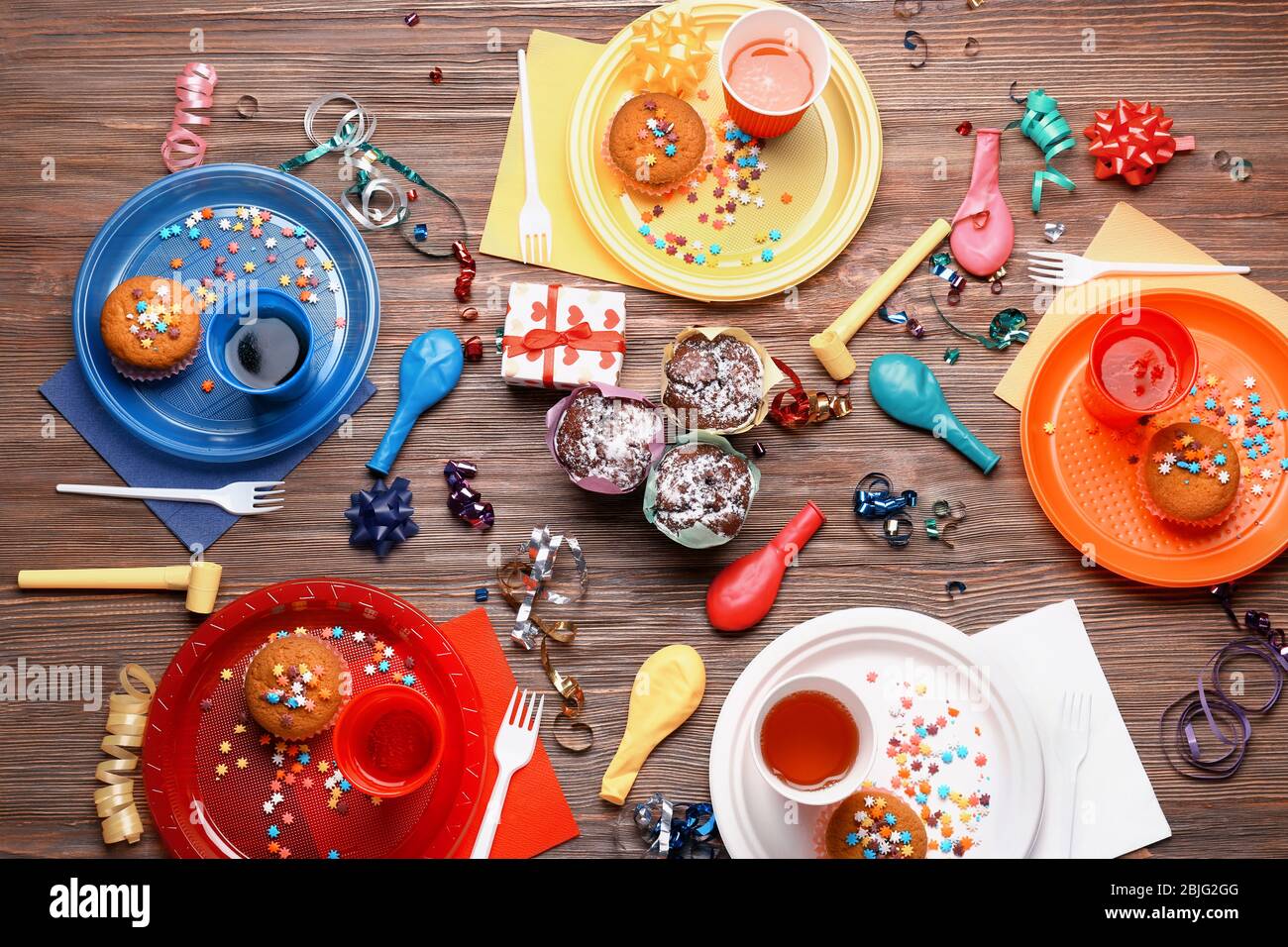 Bright birthday background with sweets and decorations Stock Photo - Alamy