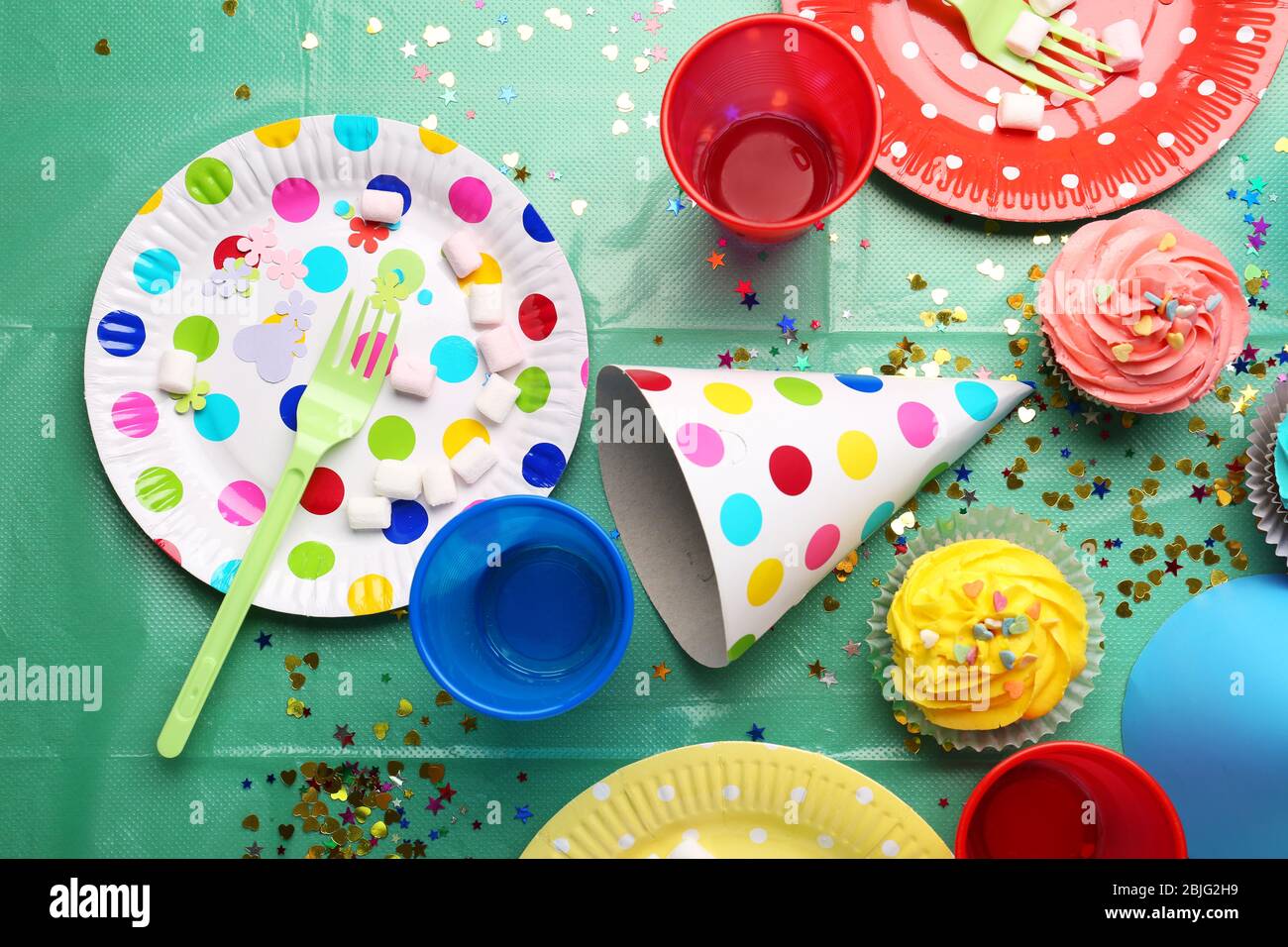 Bright birthday background with sweets and decorations Stock Photo - Alamy