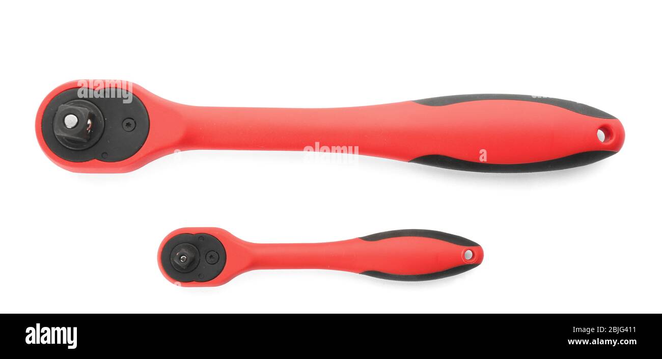 Red ratchets on white background, top view Stock Photo - Alamy