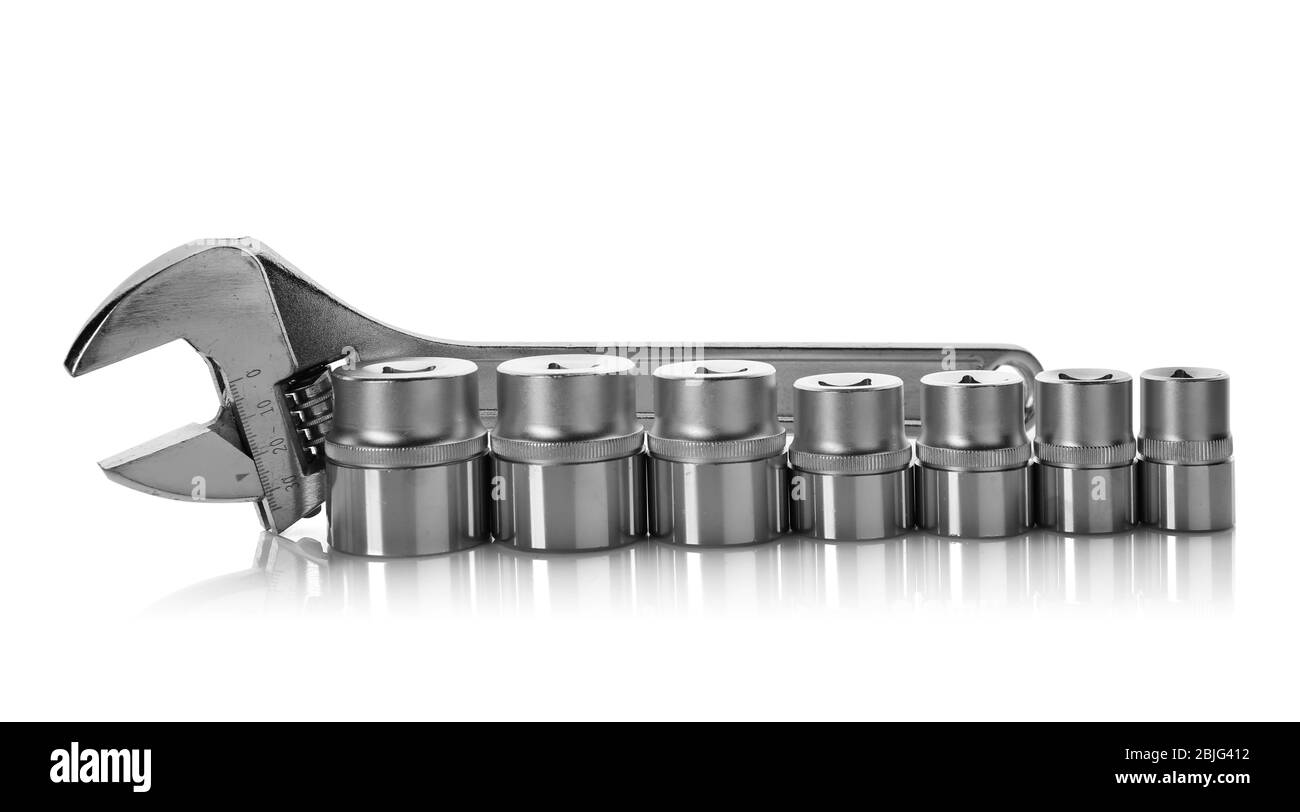 Set of hand sockets and screw wrench on white background Stock Photo ...