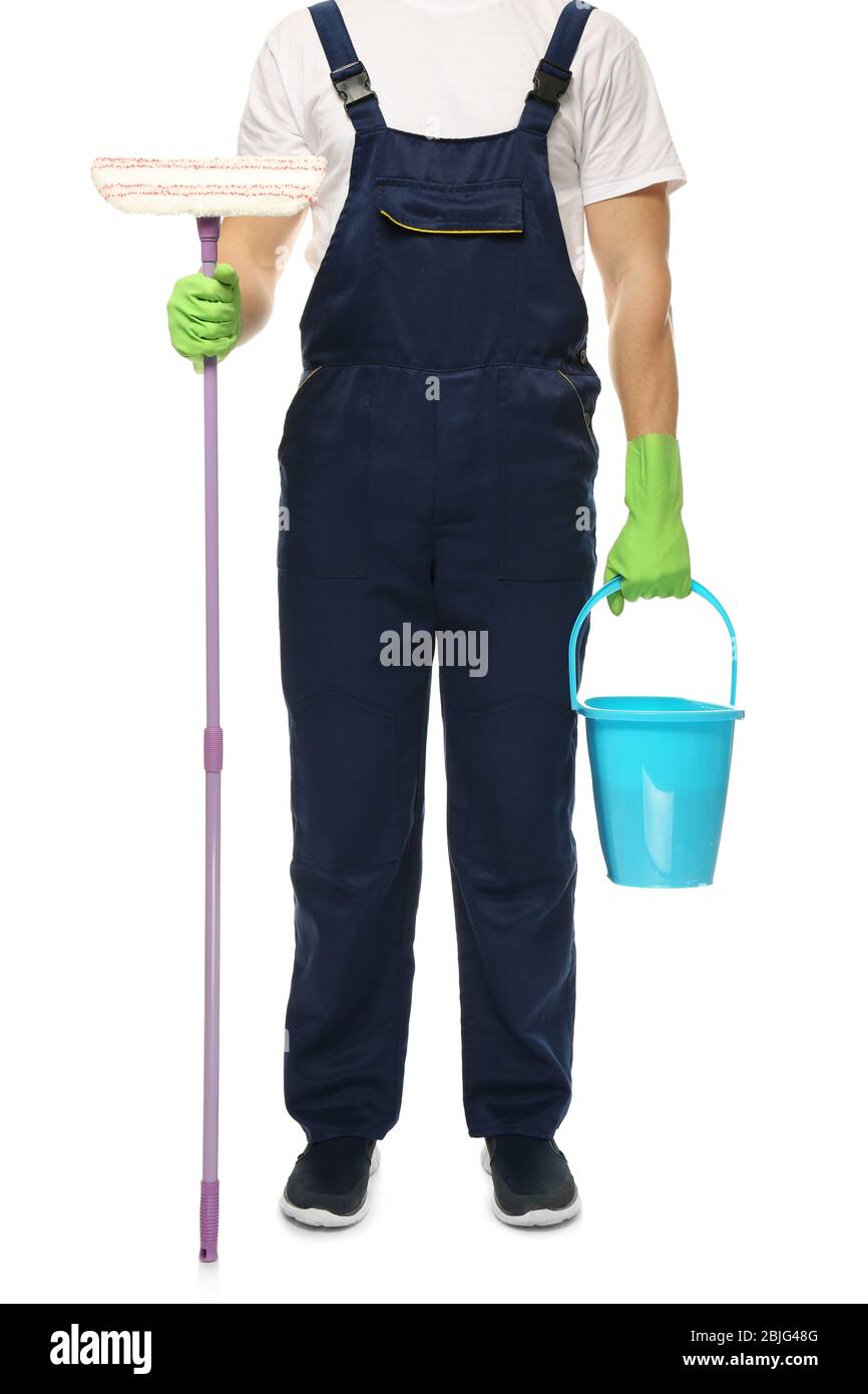 Young window cleaner with special supplies on white background Stock ...
