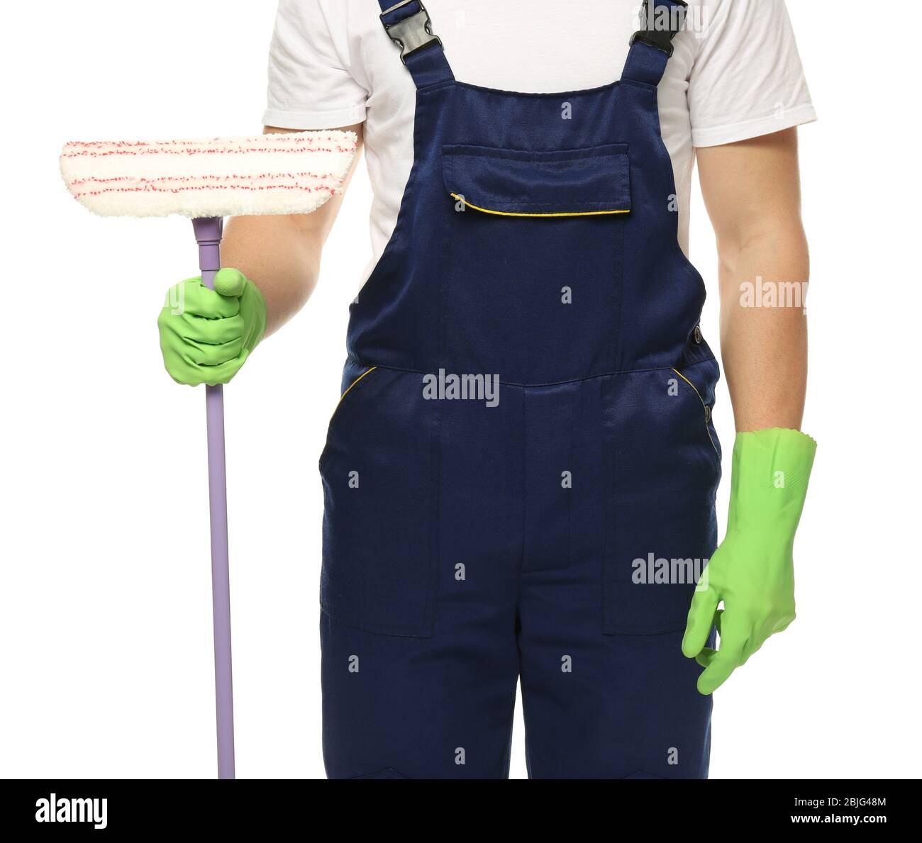 Young window cleaner on white background Stock Photo - Alamy
