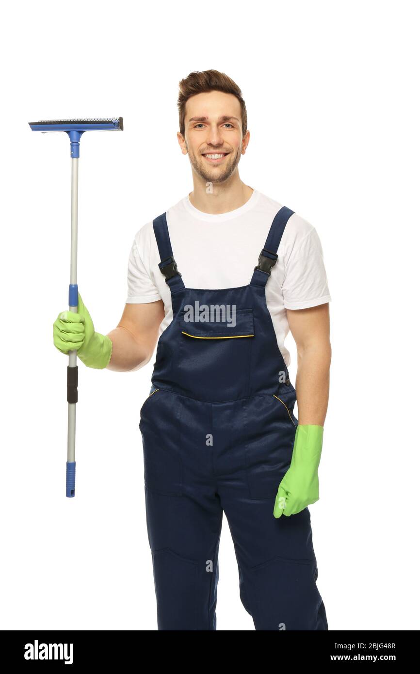 Young window cleaner on white background Stock Photo - Alamy