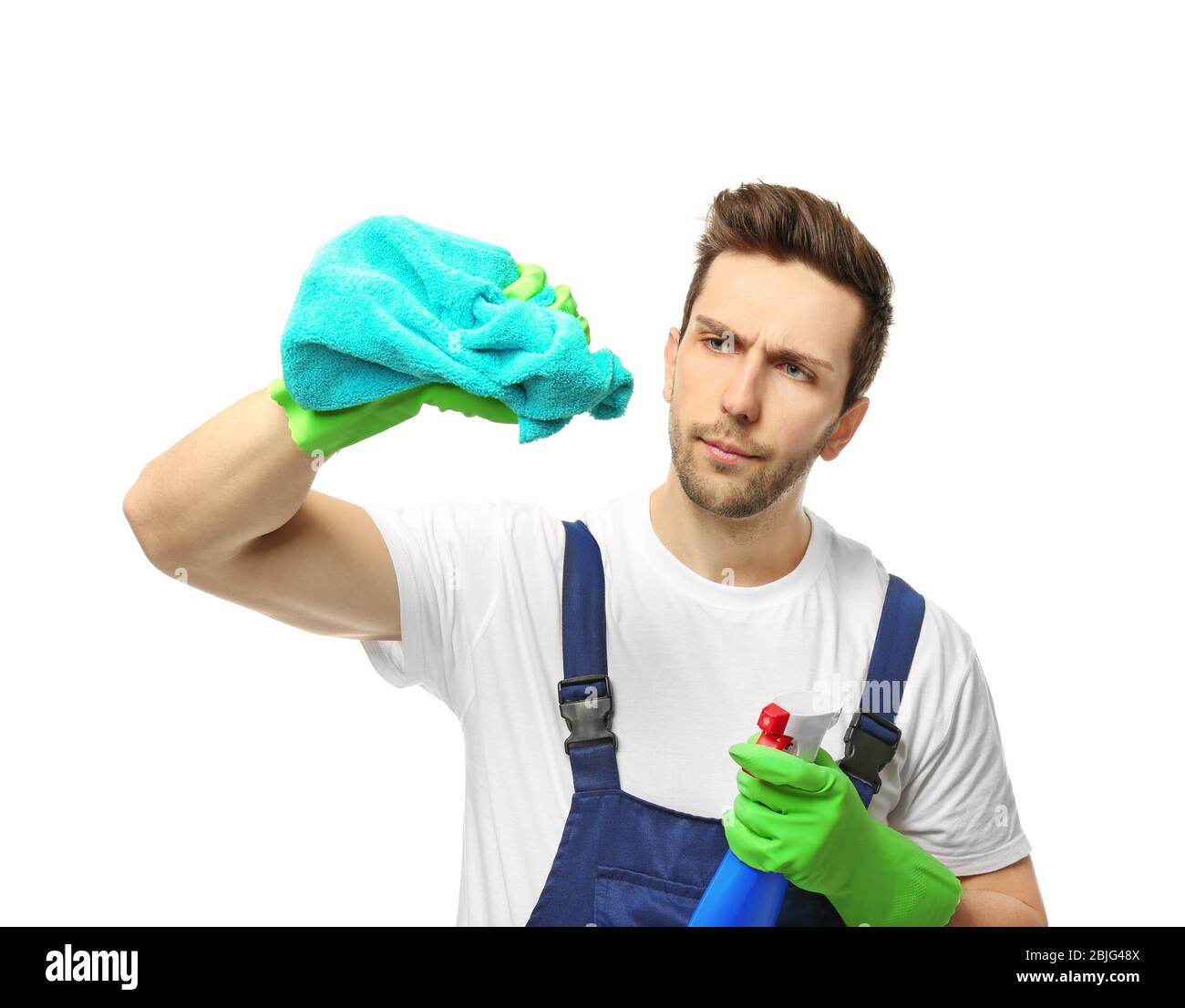 Young window cleaner on white background Stock Photo - Alamy