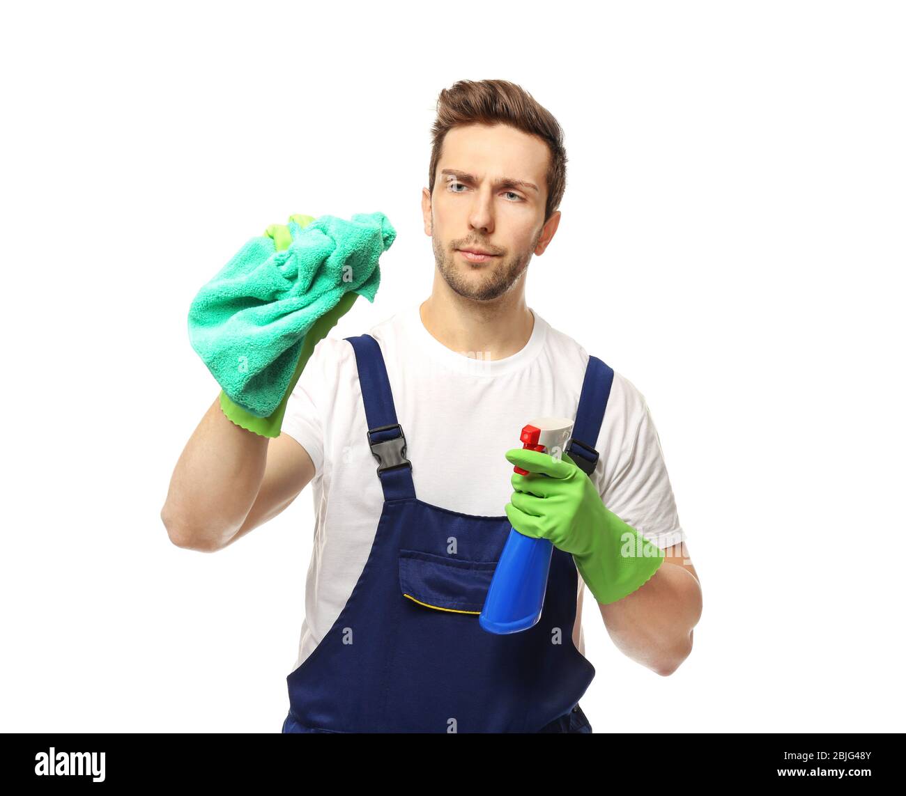 Young window cleaner on white background Stock Photo - Alamy