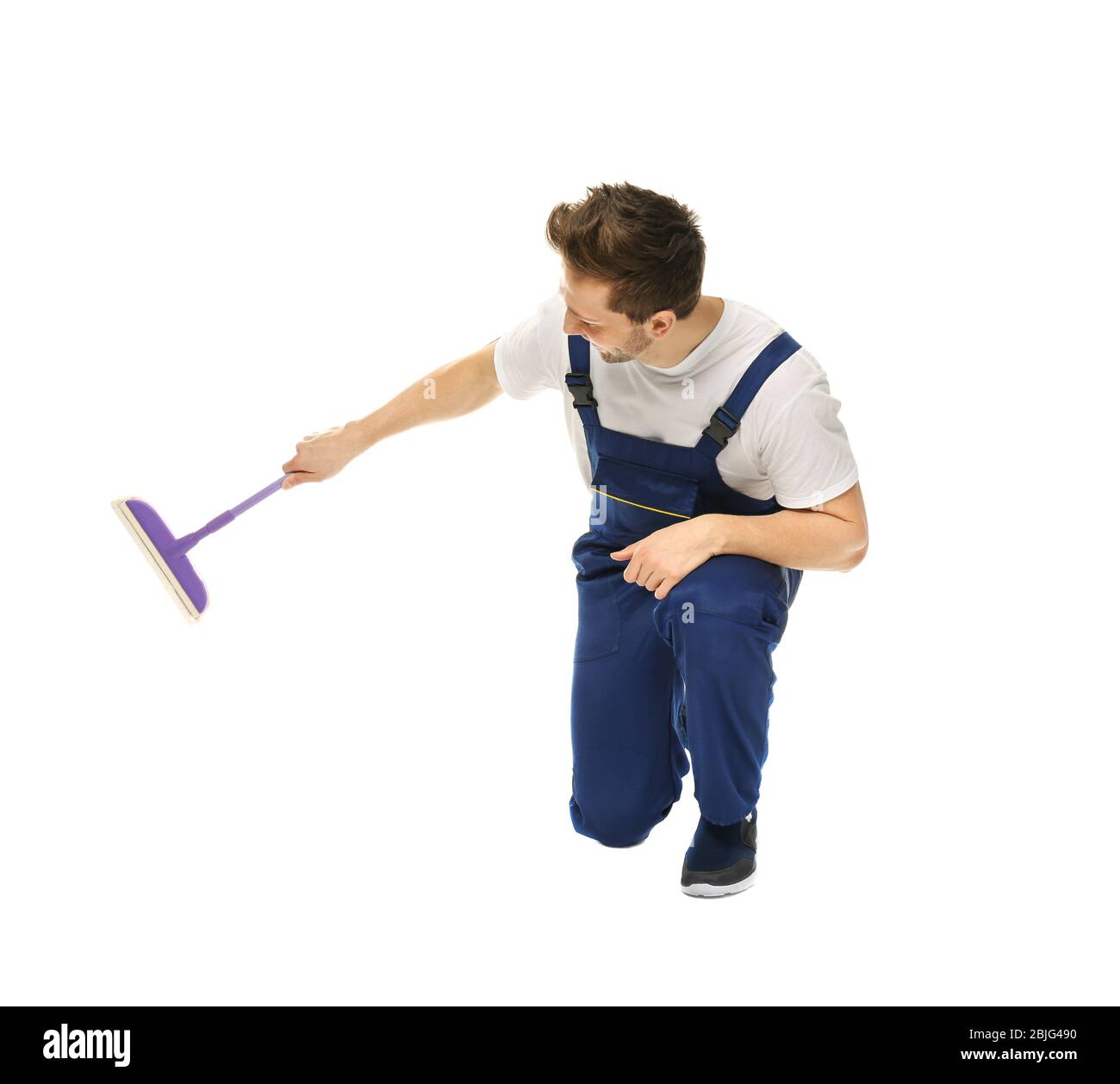 Young window cleaner on white background Stock Photo - Alamy