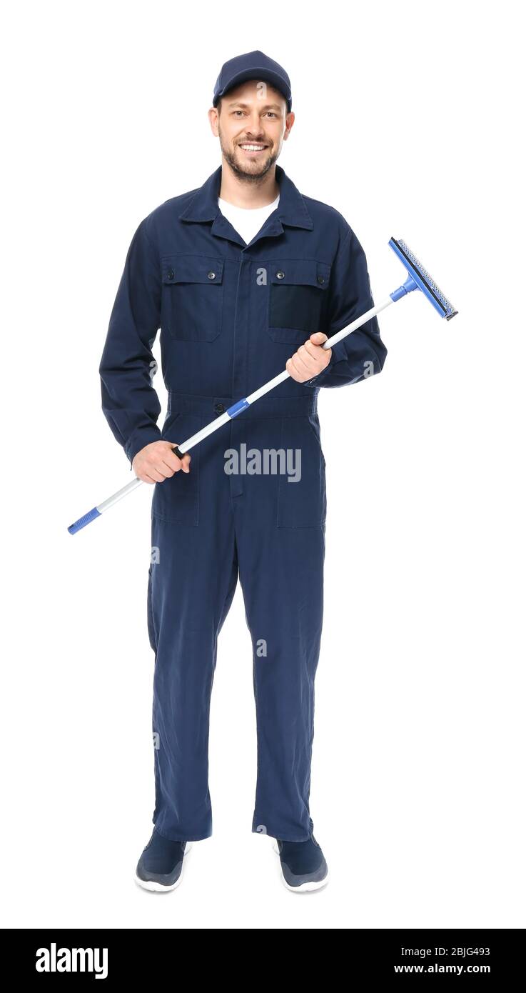 Young window cleaner on white background Stock Photo - Alamy