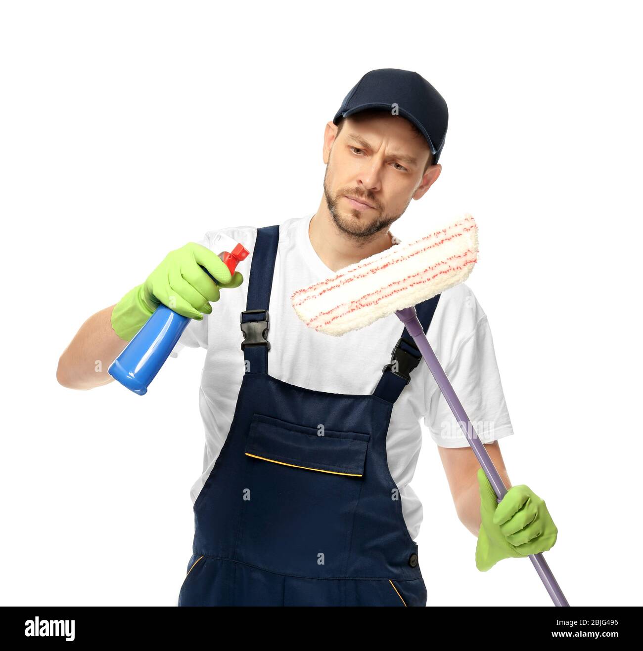 Young window cleaner on white background Stock Photo - Alamy