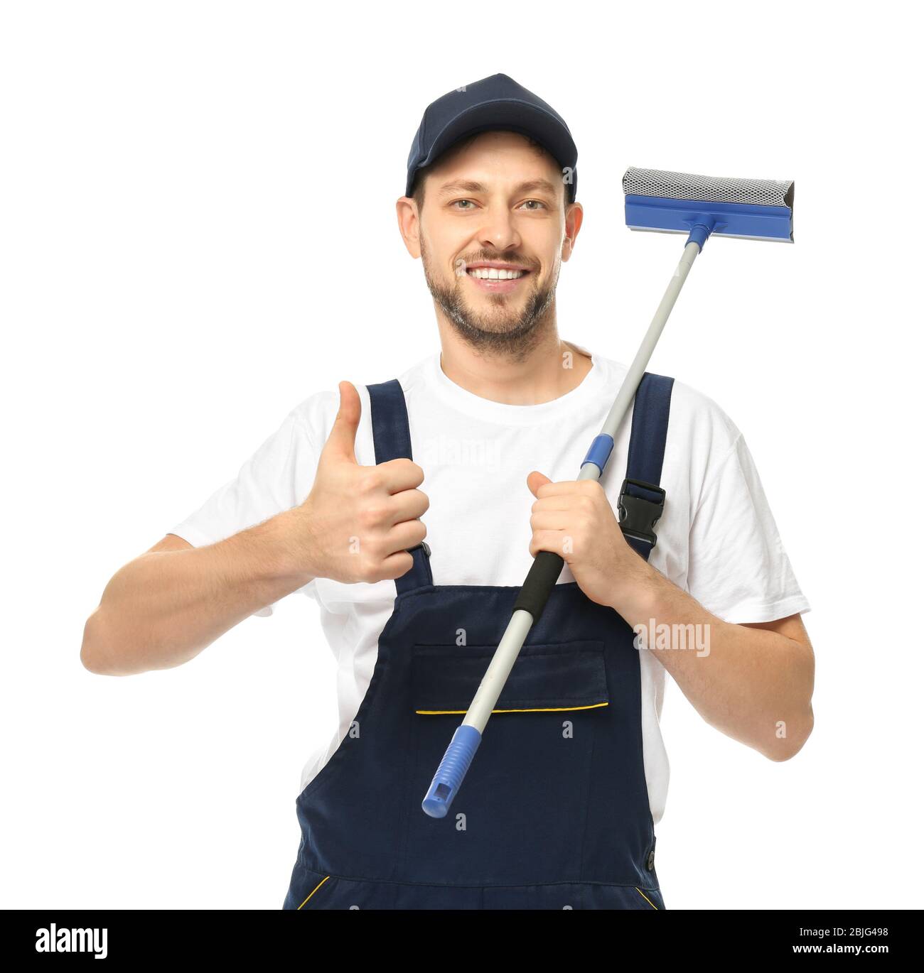 Young window cleaner on white background Stock Photo - Alamy