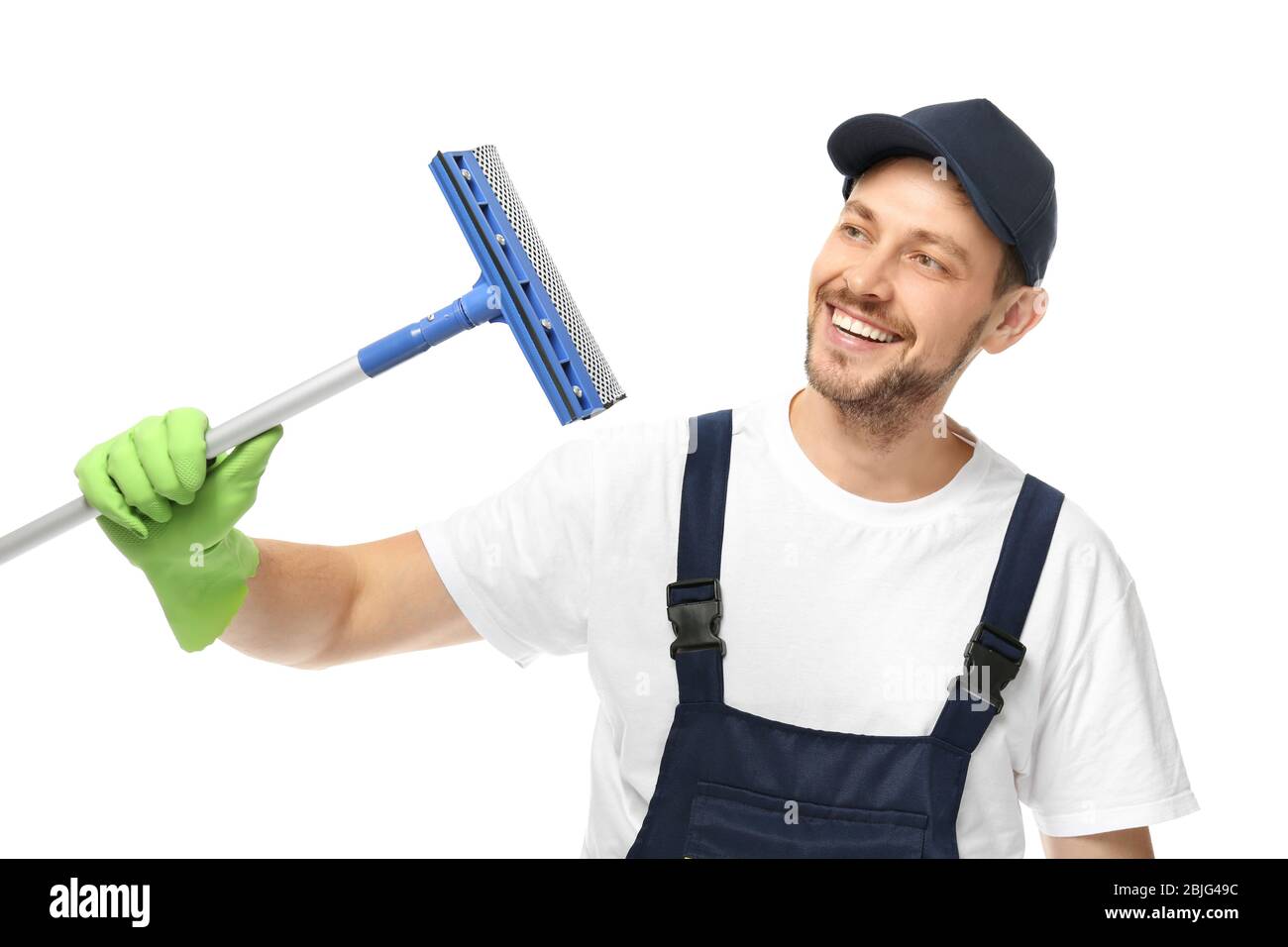 Young window cleaner on white background Stock Photo - Alamy