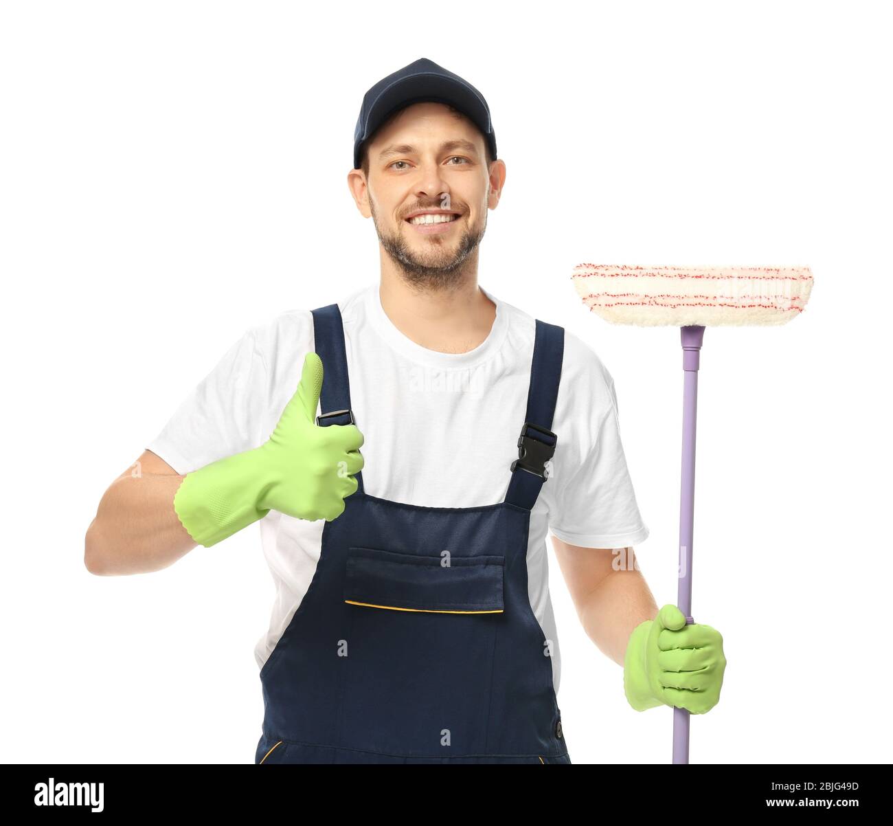 Young window cleaner on white background Stock Photo - Alamy