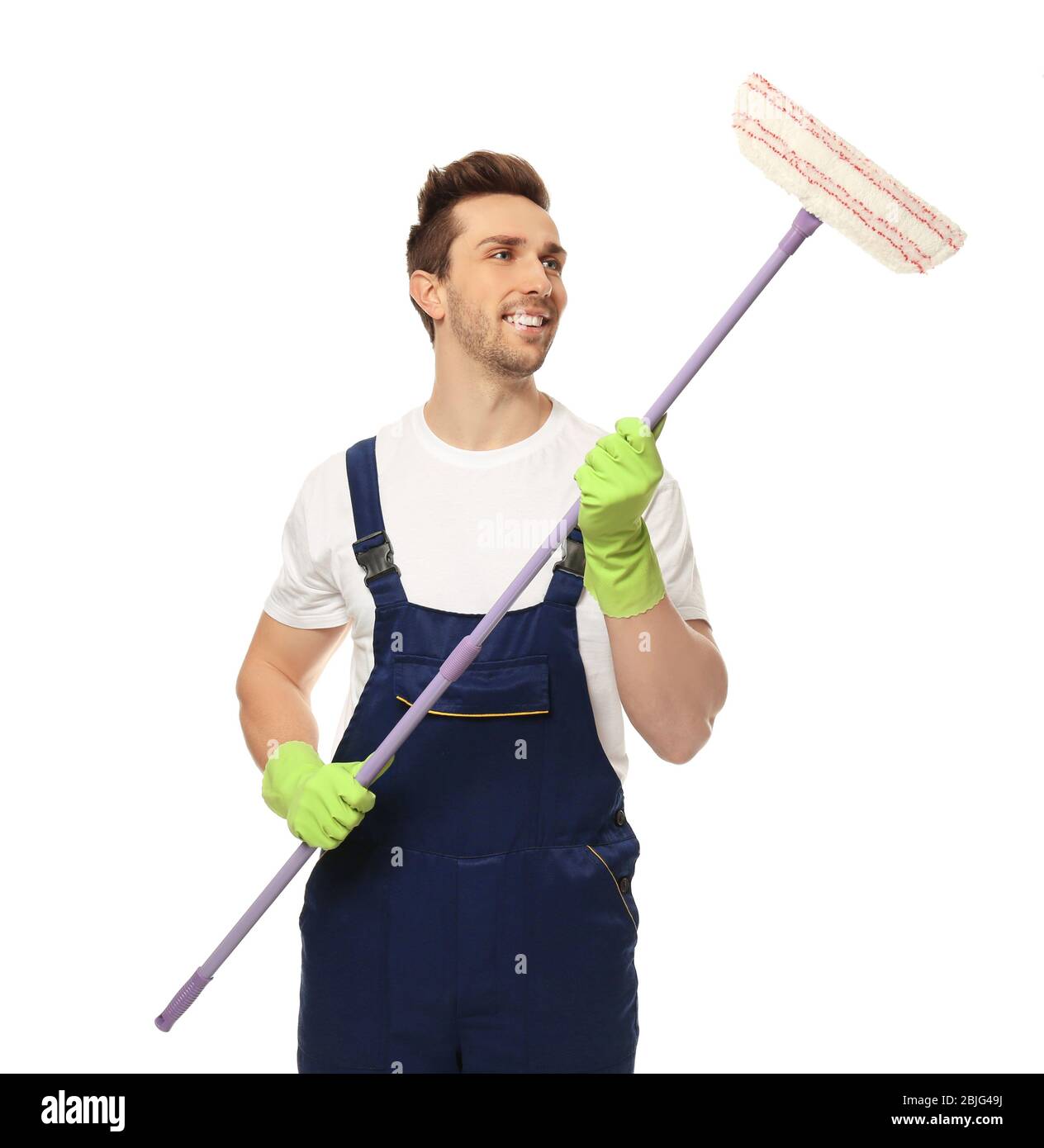 Young window cleaner on white background Stock Photo - Alamy