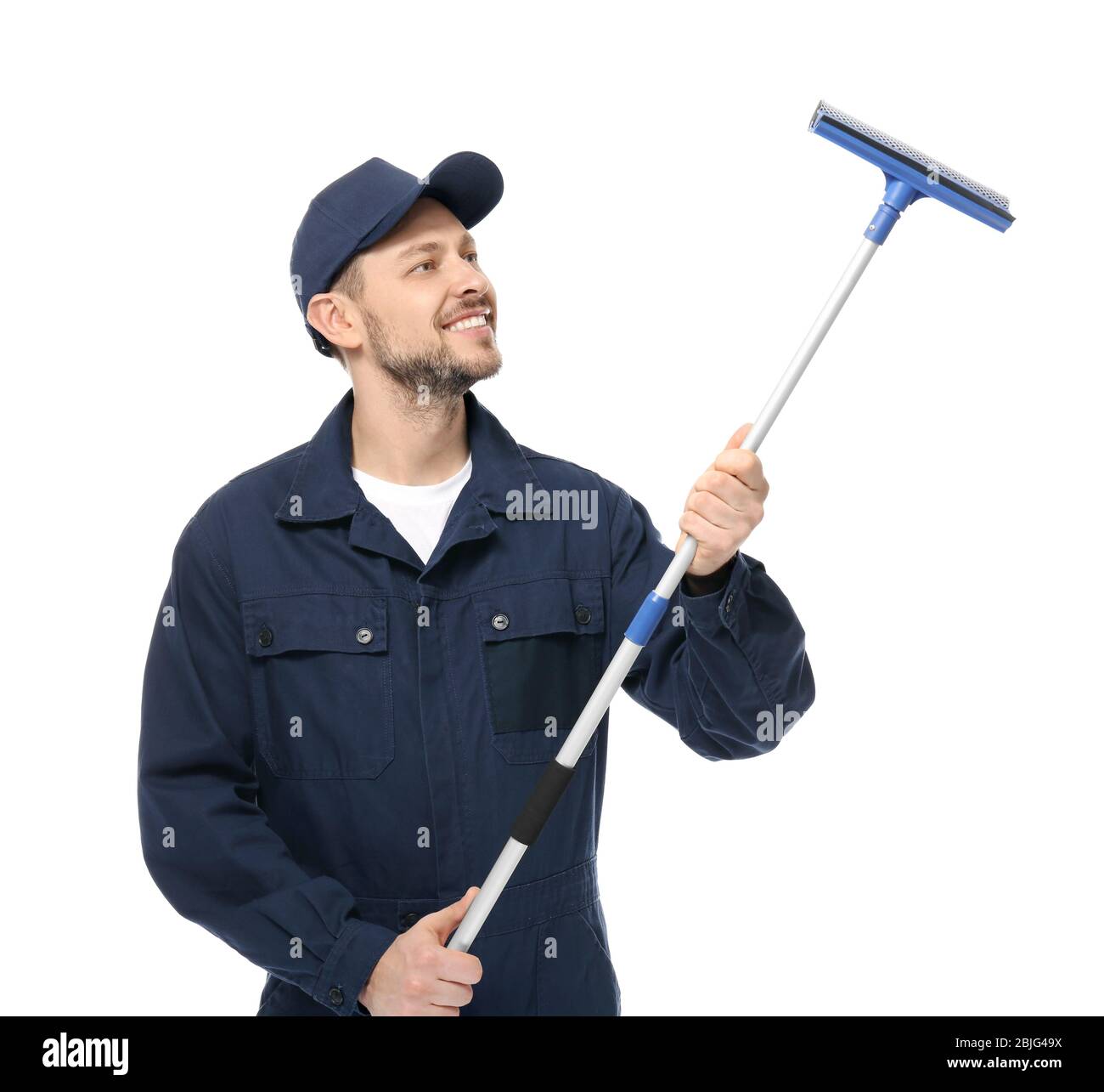 Young window cleaner on white background Stock Photo - Alamy