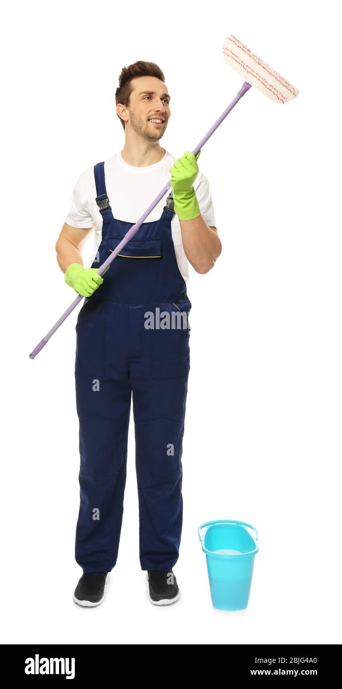 Young window cleaner on white background Stock Photo - Alamy