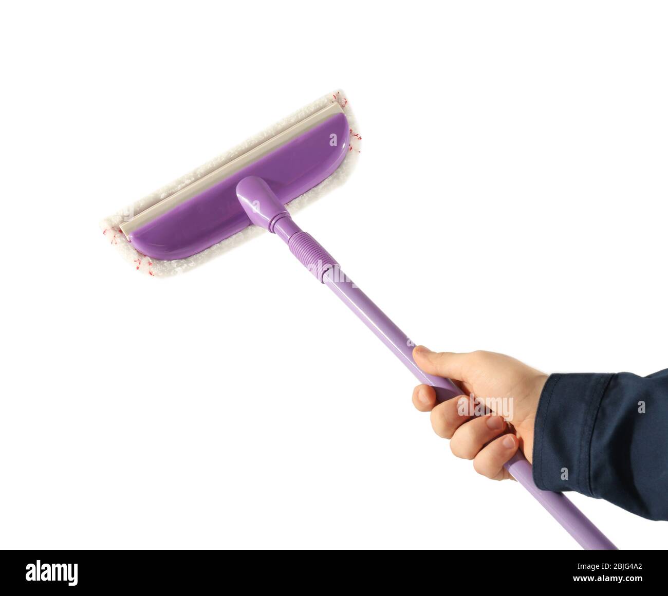 Hand of male window cleaner with mop on white background Stock Photo ...
