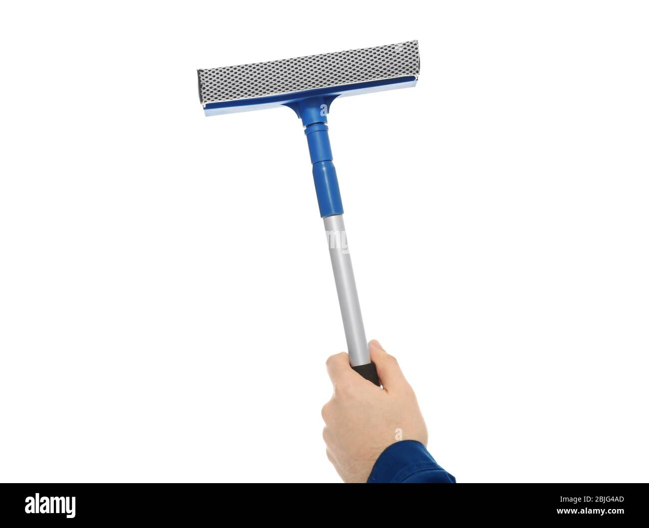 Hand of male window cleaner with mop on white background Stock Photo ...