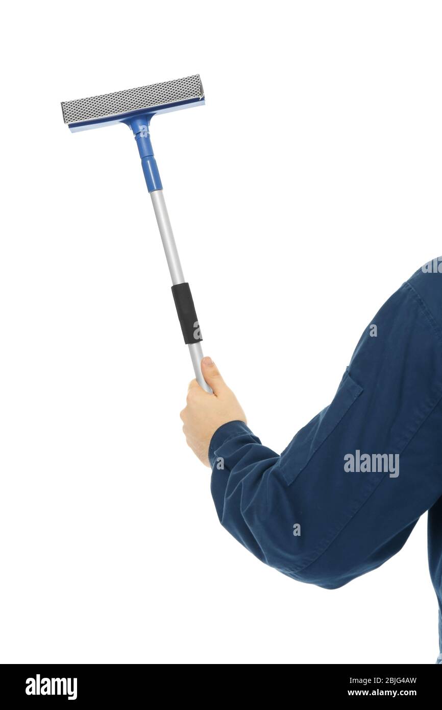 Hand of male window cleaner with mop on white background Stock Photo ...