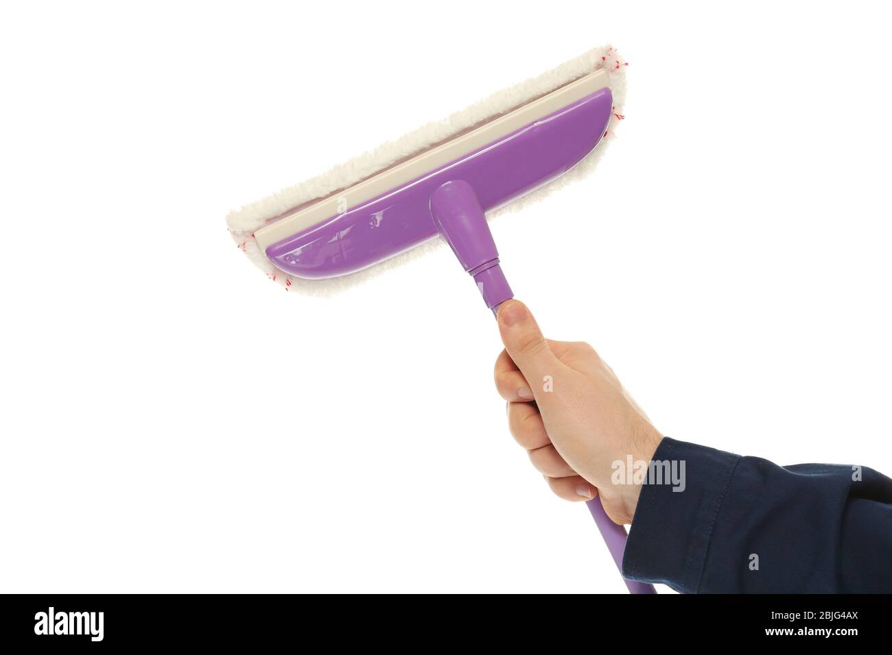 Hand of male window cleaner with mop on white background Stock Photo ...