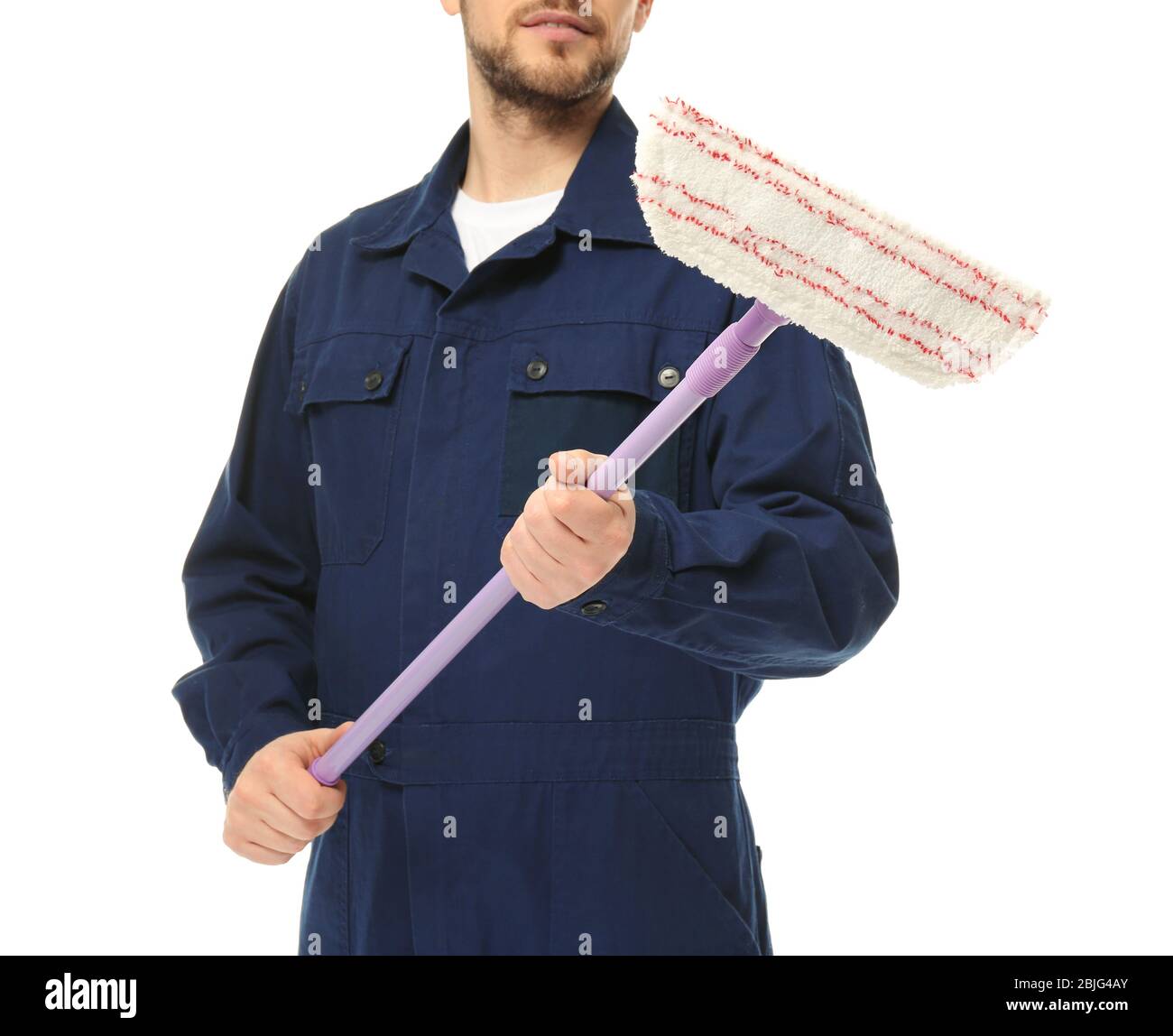 Young window cleaner on white background Stock Photo - Alamy