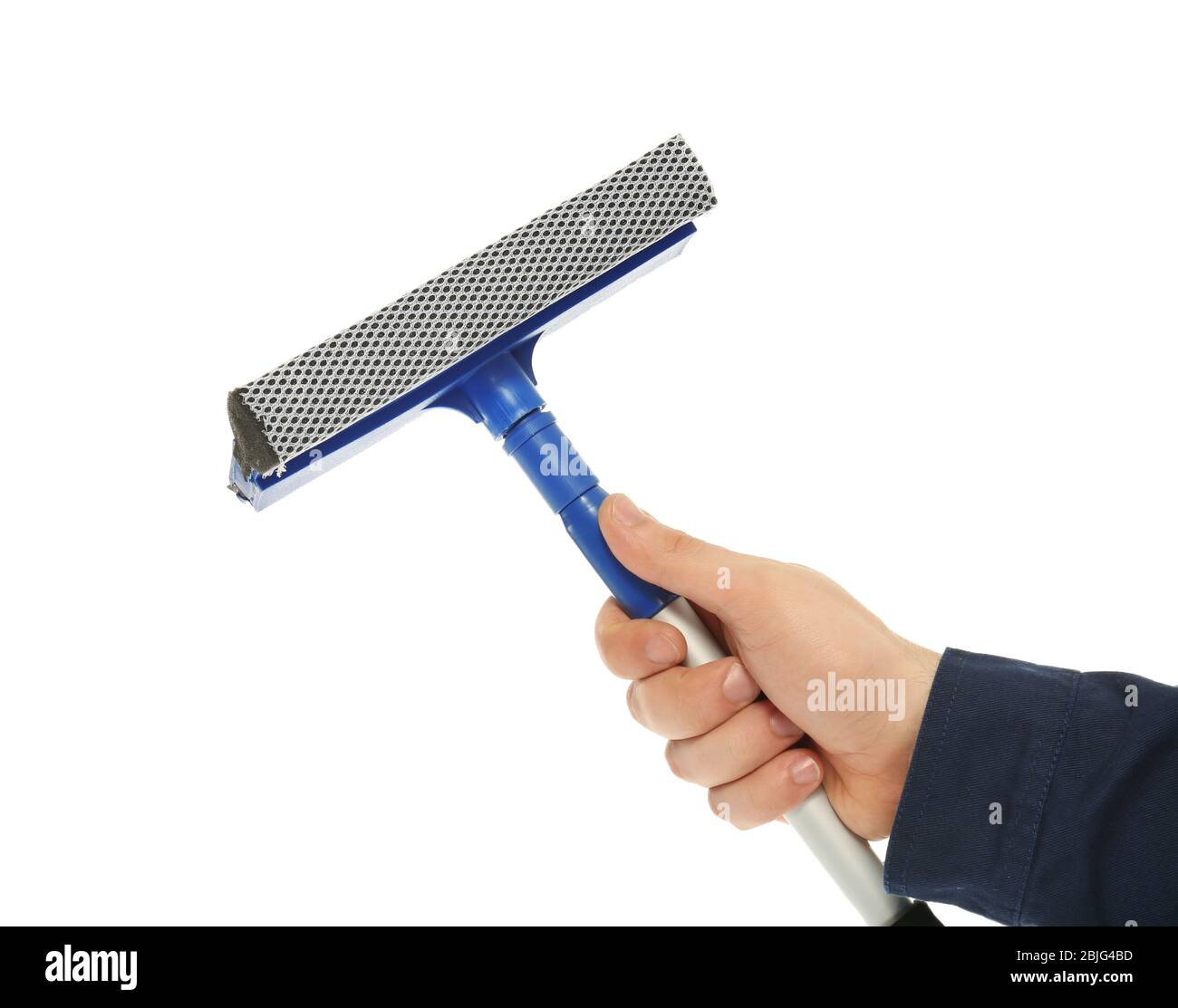 Hand of male window cleaner with mop on white background Stock Photo ...
