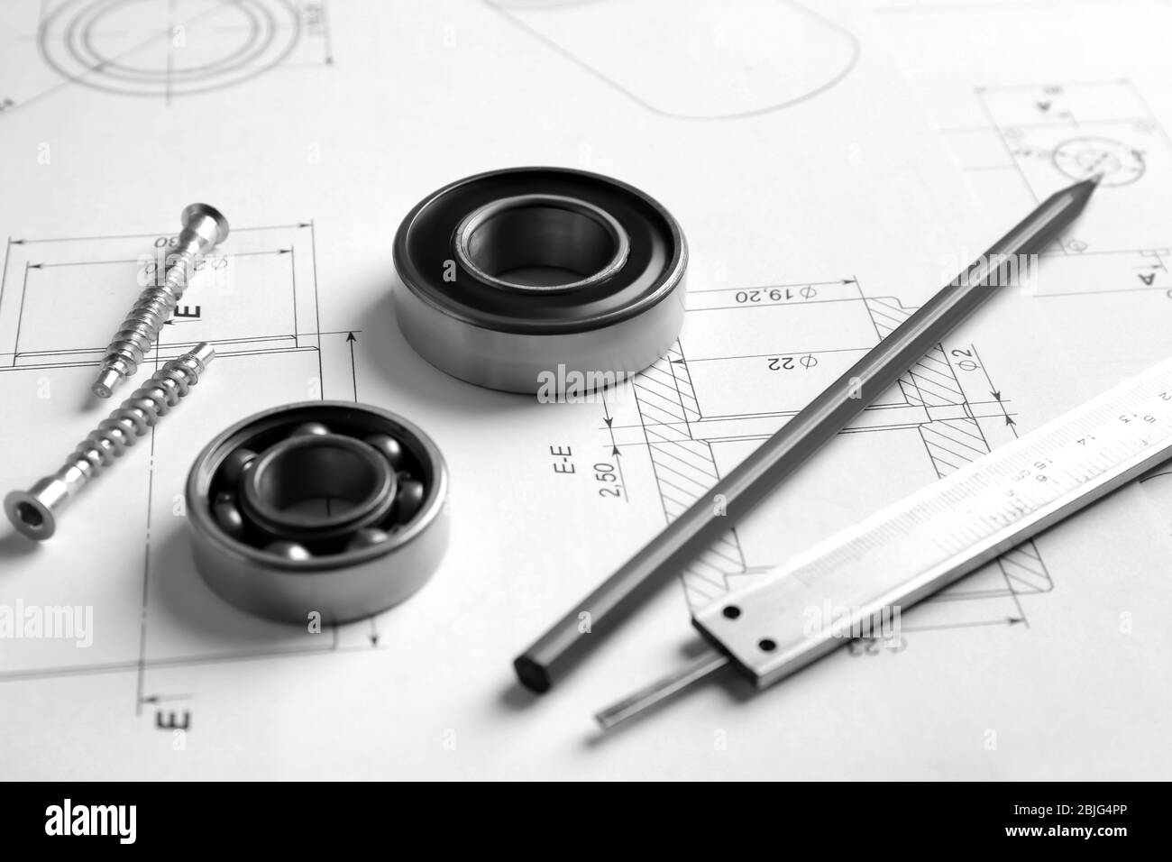 Engineering supplies and blueprints on workplace Stock Photo - Alamy