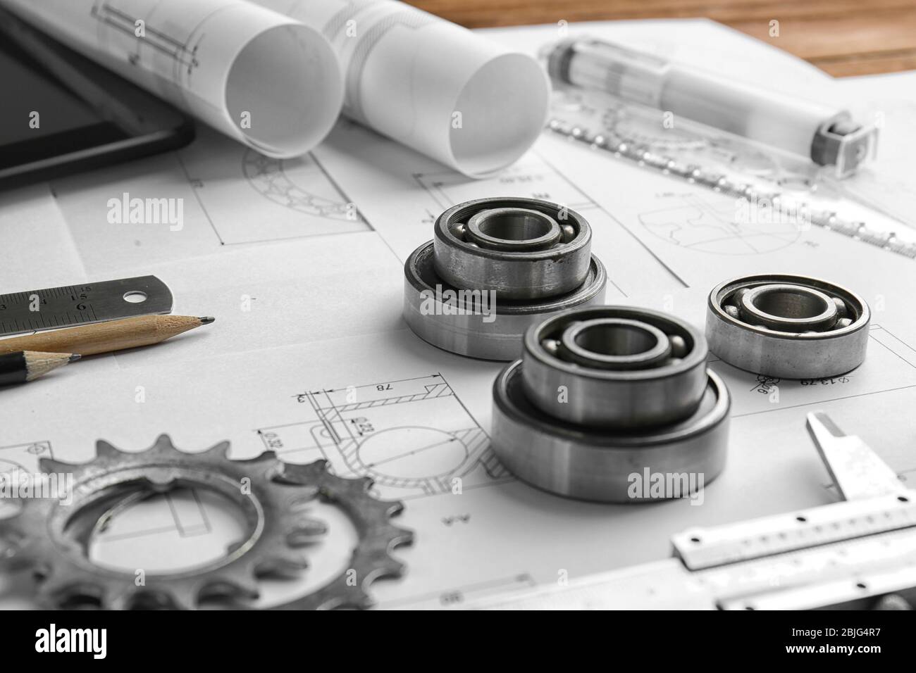 Engineering supplies and blueprints on workplace Stock Photo - Alamy