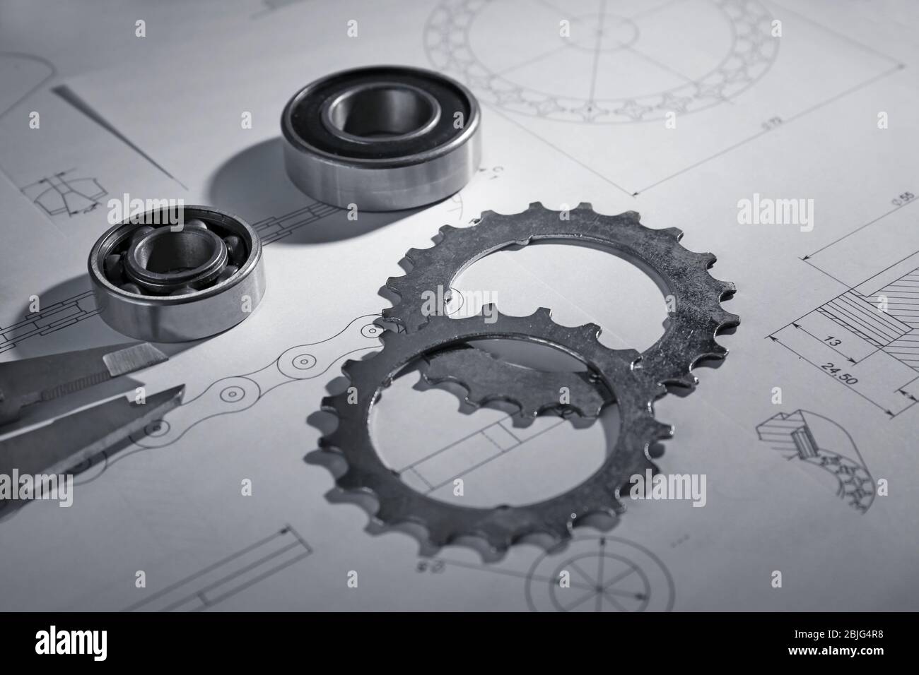 Engineering supplies and blueprints on workplace Stock Photo - Alamy