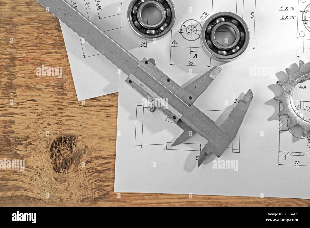 Engineering supplies and blueprints on workplace Stock Photo - Alamy