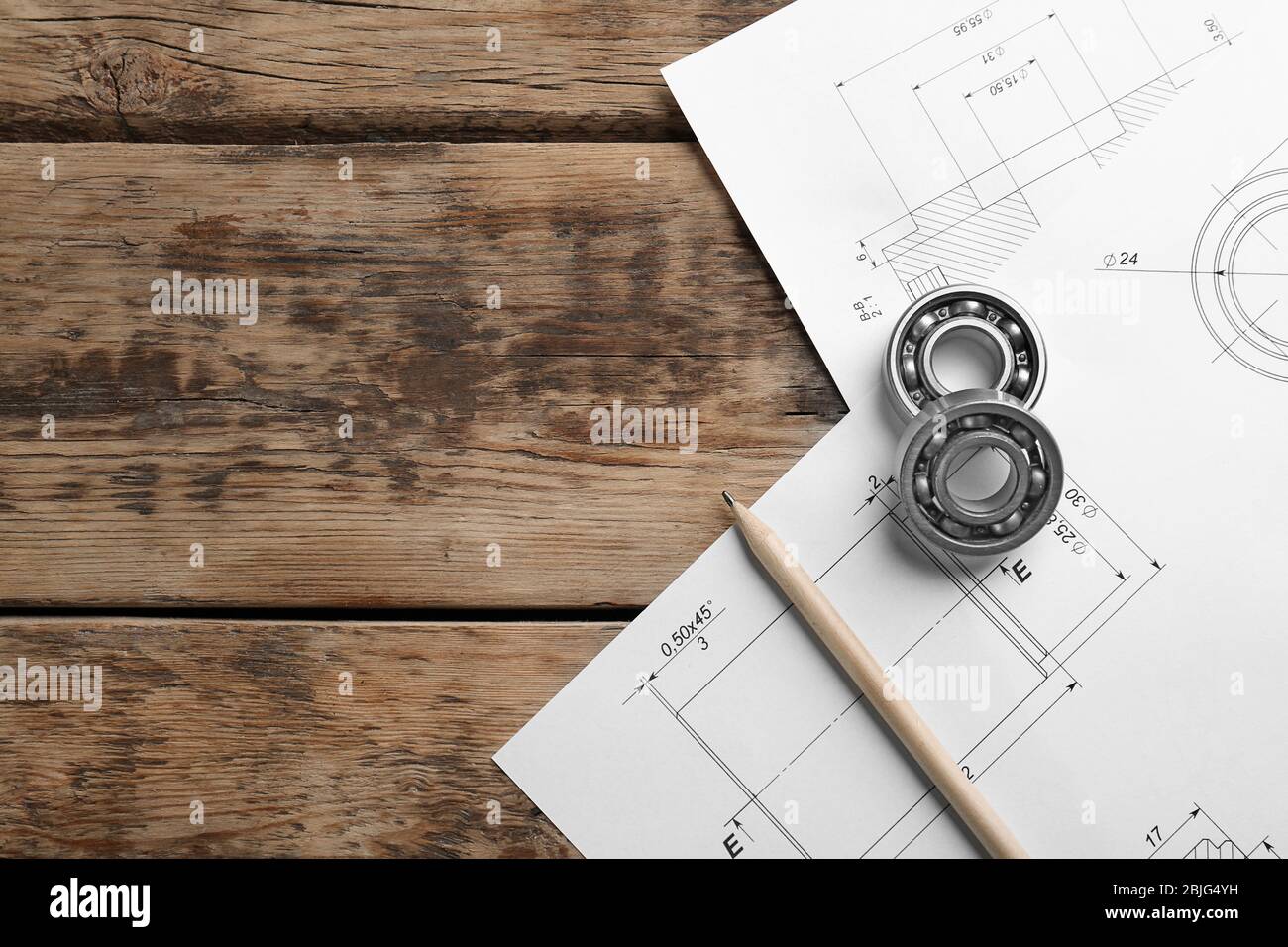 Engineering supplies and blueprints on workplace Stock Photo - Alamy