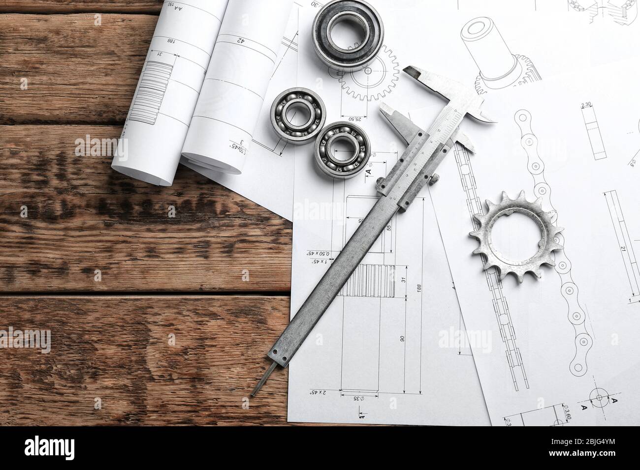 Engineering supplies and blueprints on workplace Stock Photo - Alamy