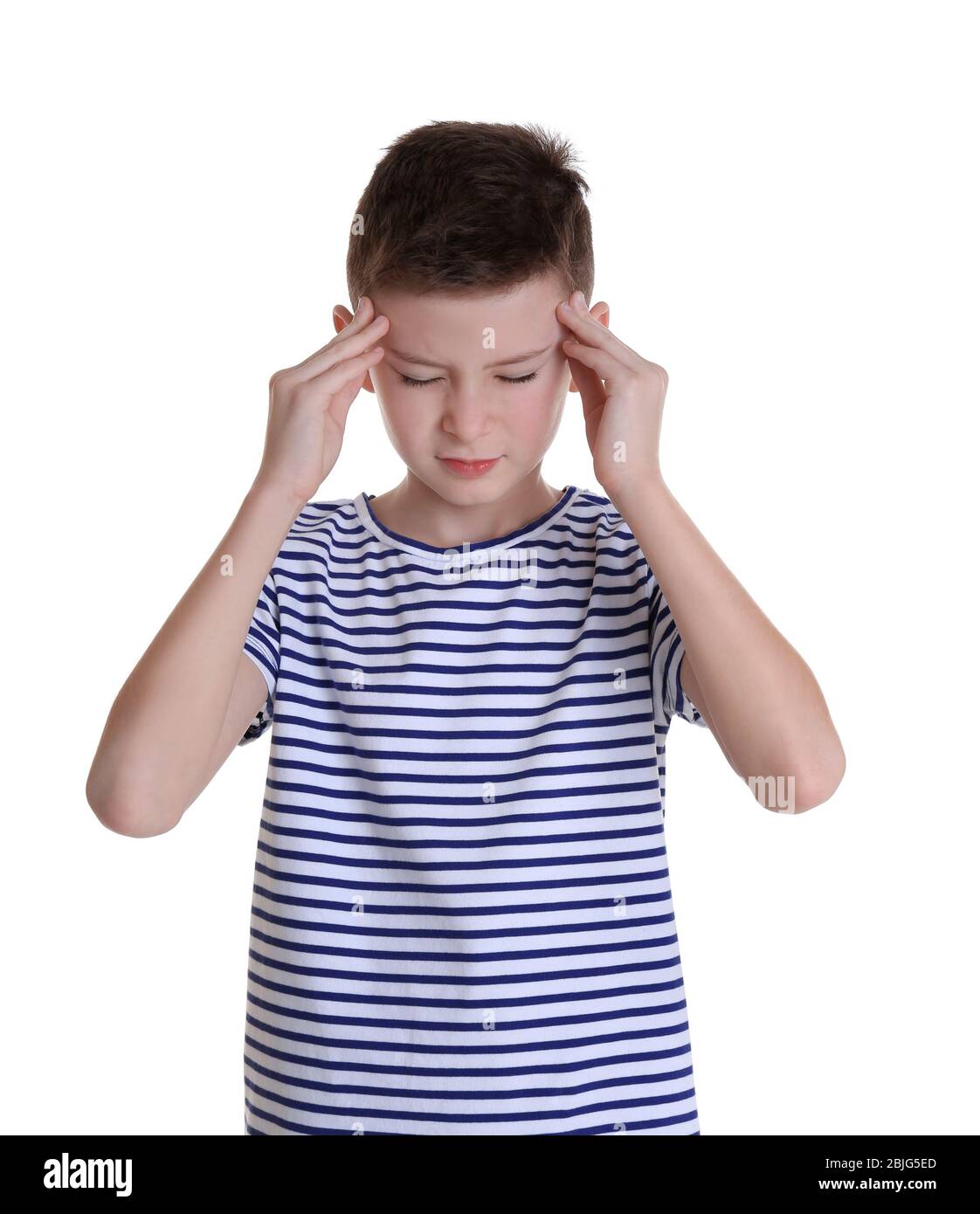 Cute boy suffering from headache on white background Stock Photo - Alamy