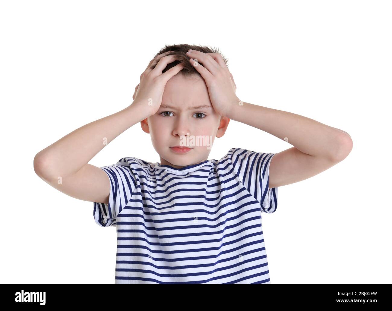 Cute boy suffering from headache on white background Stock Photo - Alamy