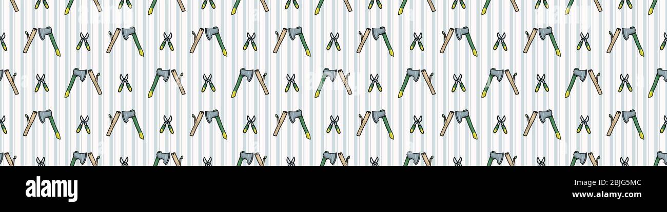 Cute axe chopping wooden stick seamless vector border. Hand drawn ...