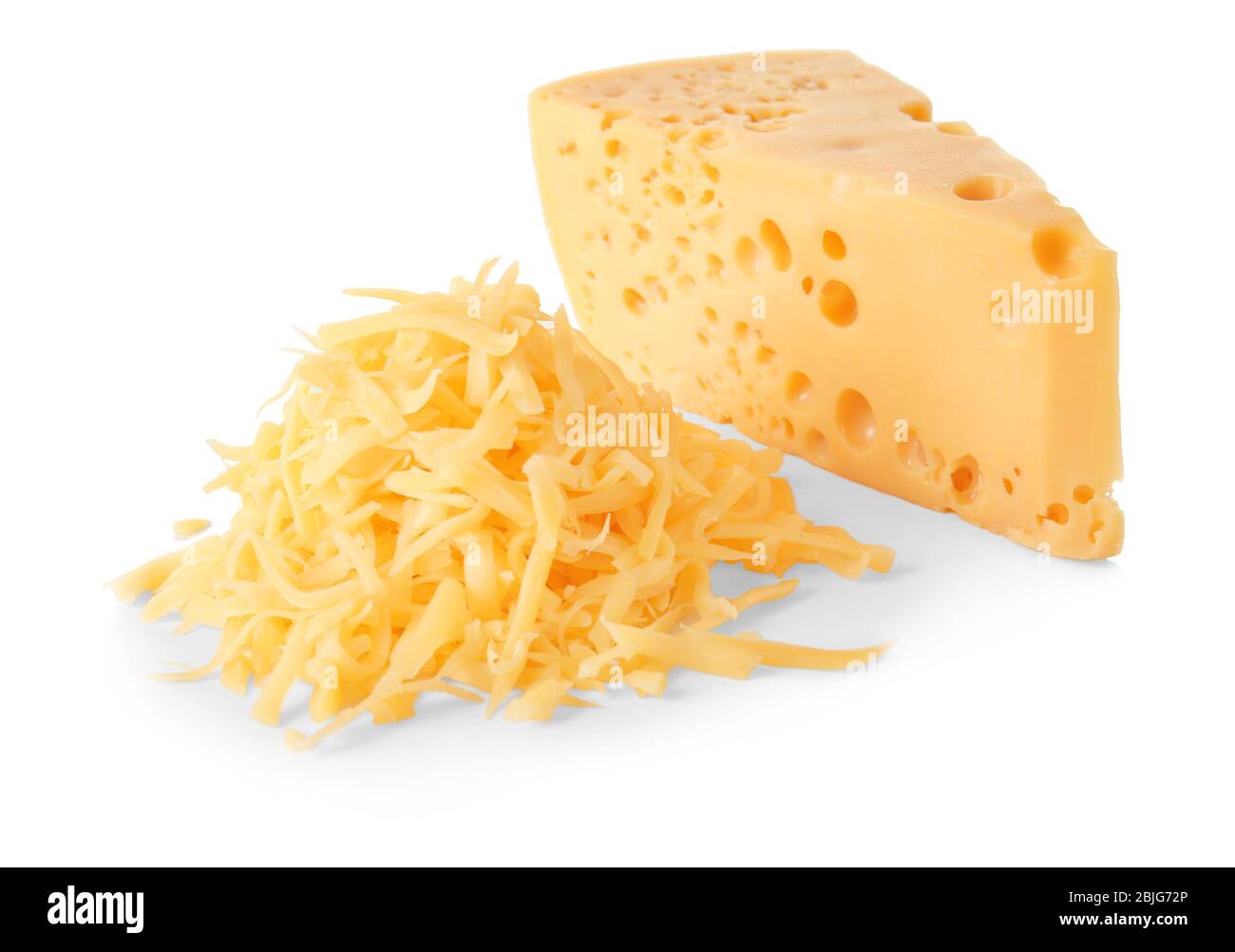 Pile of grated cheese and piece on white background Stock Photo - Alamy