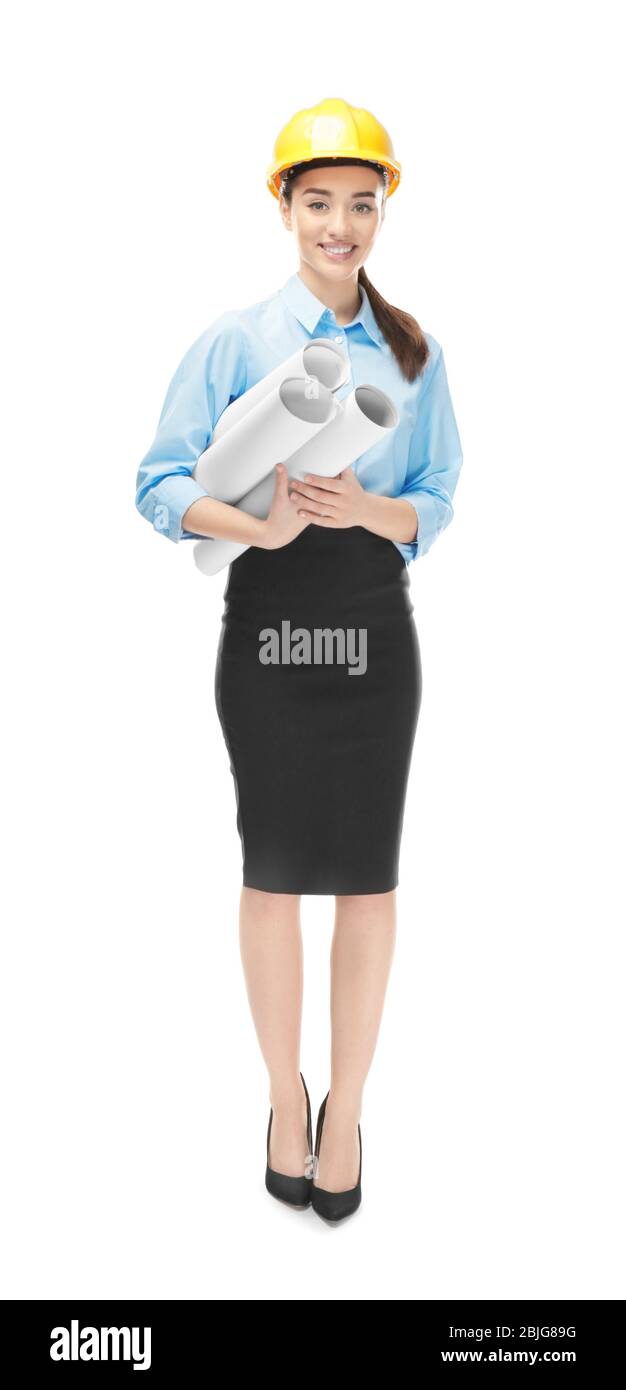 Beautiful young engineer on white background Stock Photo - Alamy