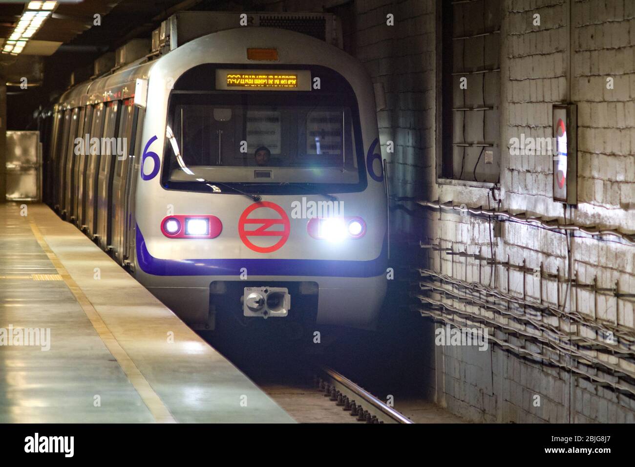 New Delhi / India - September 22 2019: Subway train arrives at metro ...