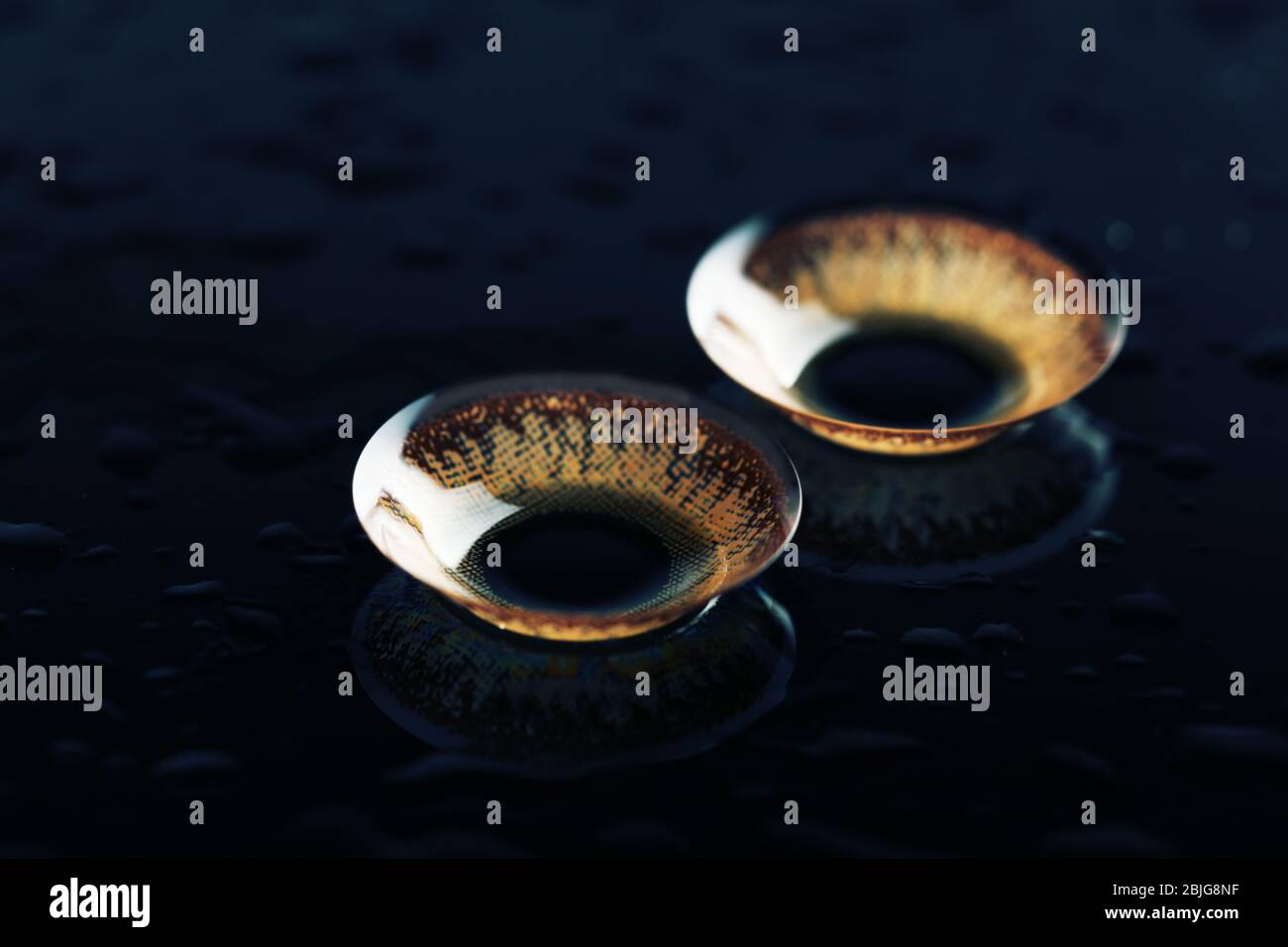 Brown contact lenses on wet black background Stock Photo - Alamy