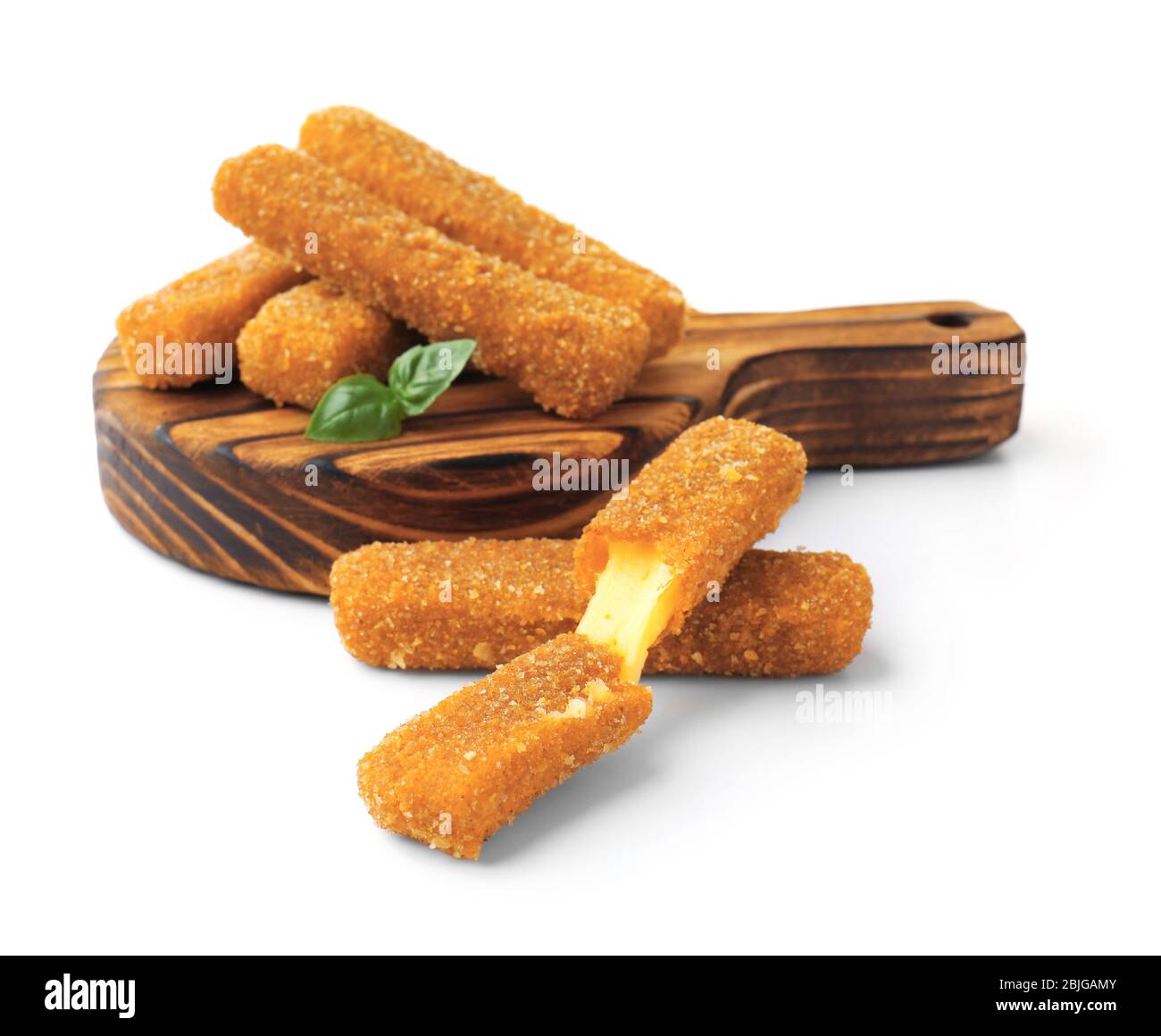 Wooden board with cheese sticks on white background Stock Photo - Alamy