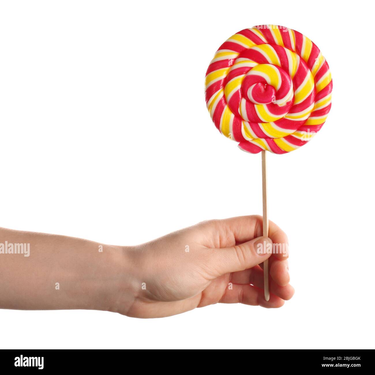 Female hand with tasty colorful lollipop on white background Stock ...