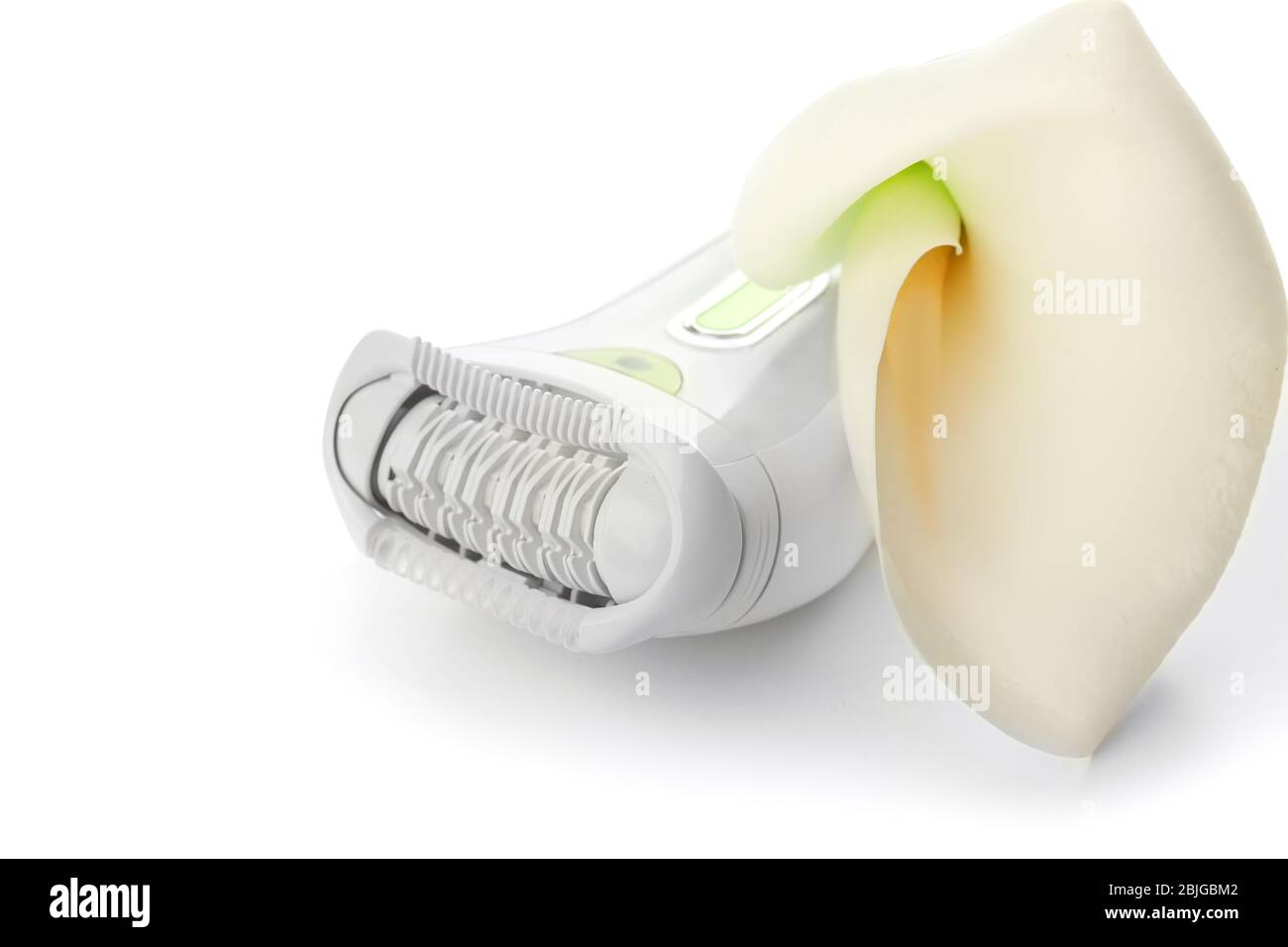 Modern epilator and flower on white background Stock Photo - Alamy