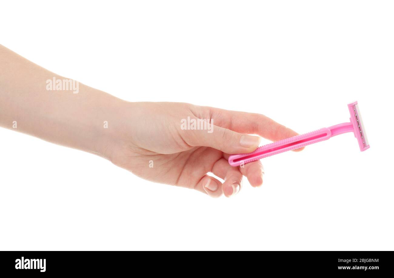 Female hand with safety razor on white background Stock Photo - Alamy