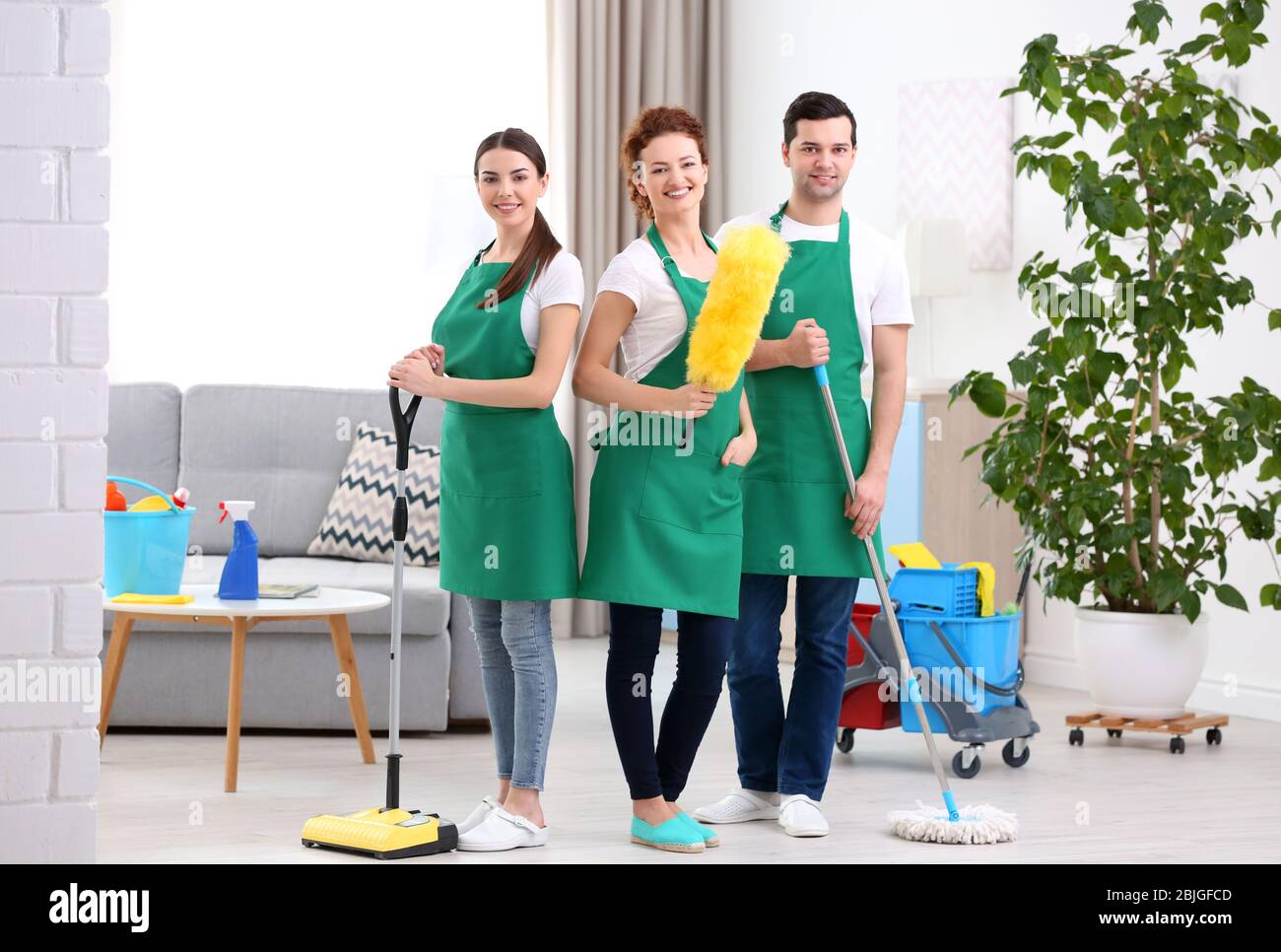 Cleaning service team working in living room Stock Photo - Alamy