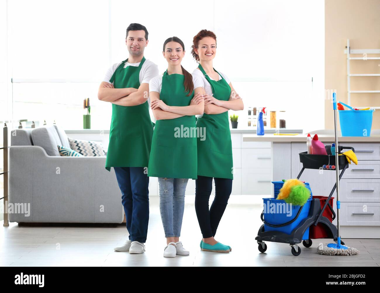 Cleaning service team working at home Stock Photo - Alamy