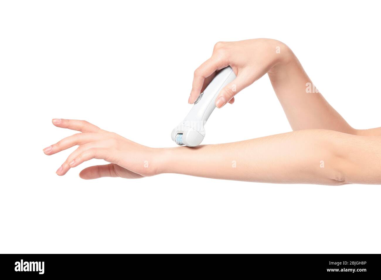 Hands of beautiful young woman with epilator on white background Stock ...