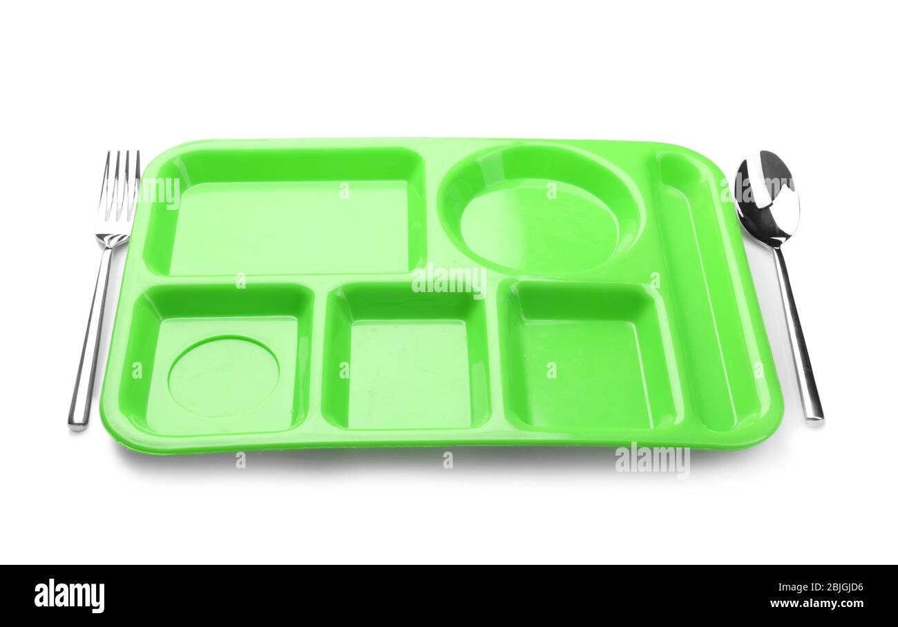Empty serving tray for food on white background. Concept of school ...
