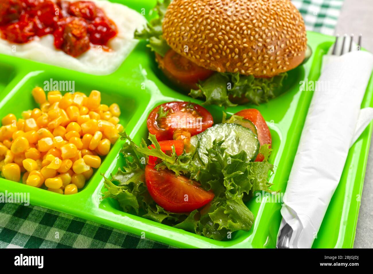 Serving tray with delicious food, closeup. Concept of school lunch Stock Photo - Alamy