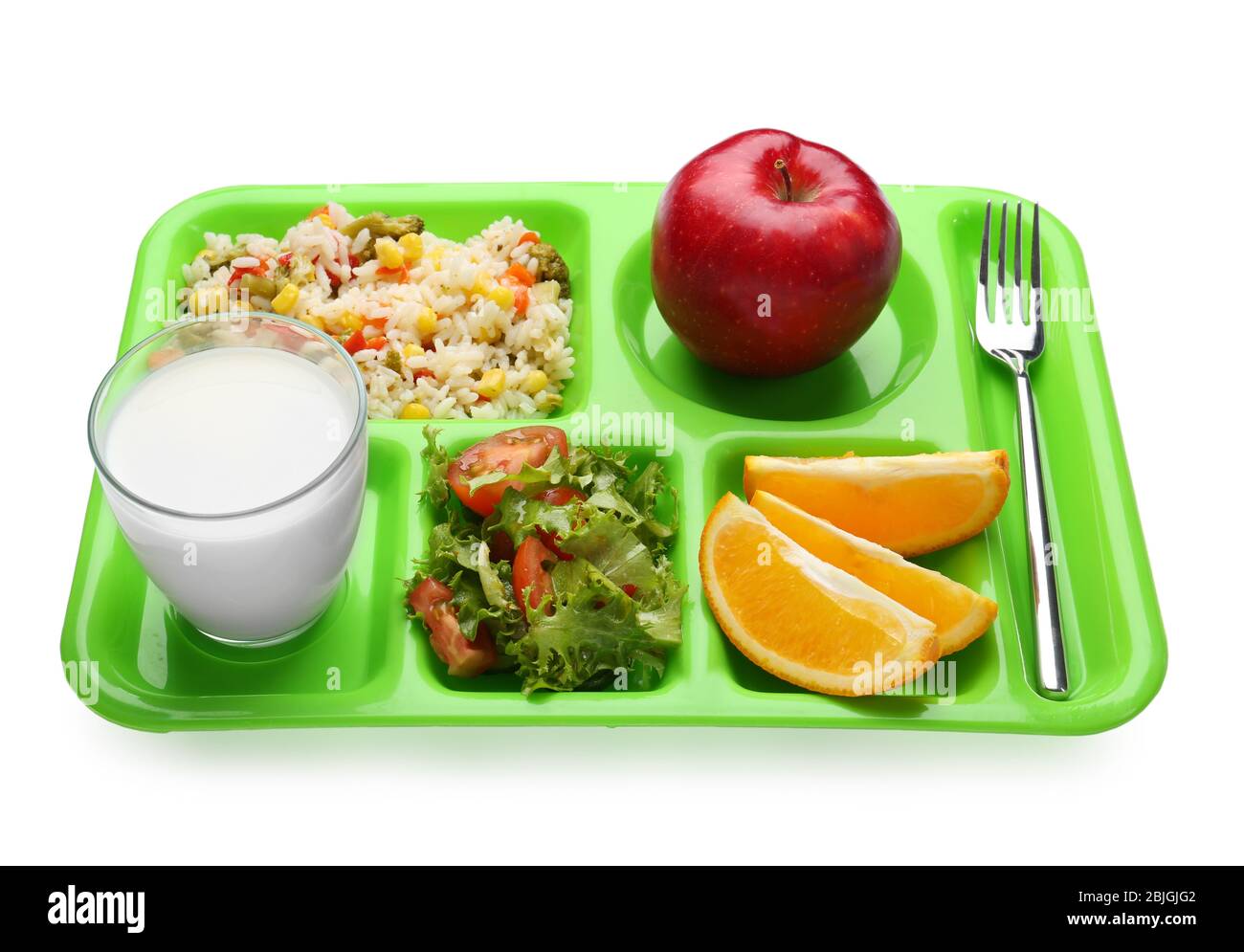 Serving tray with delicious food on white background. Concept of school ...