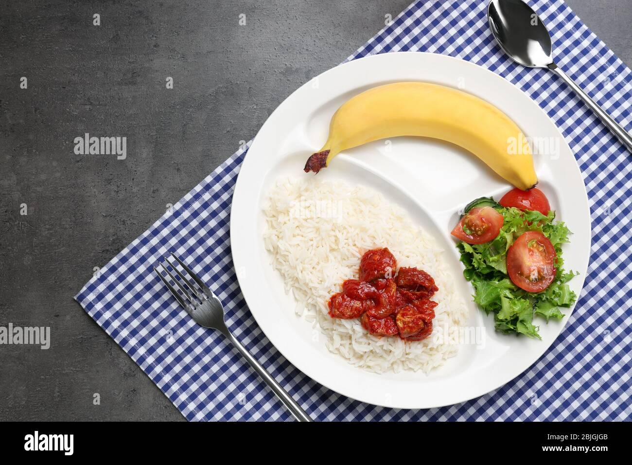 Serving tray with delicious food on table. Concept of school lunch ...
