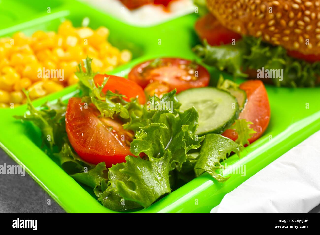 Serving tray with delicious food, closeup. Concept of school lunch ...