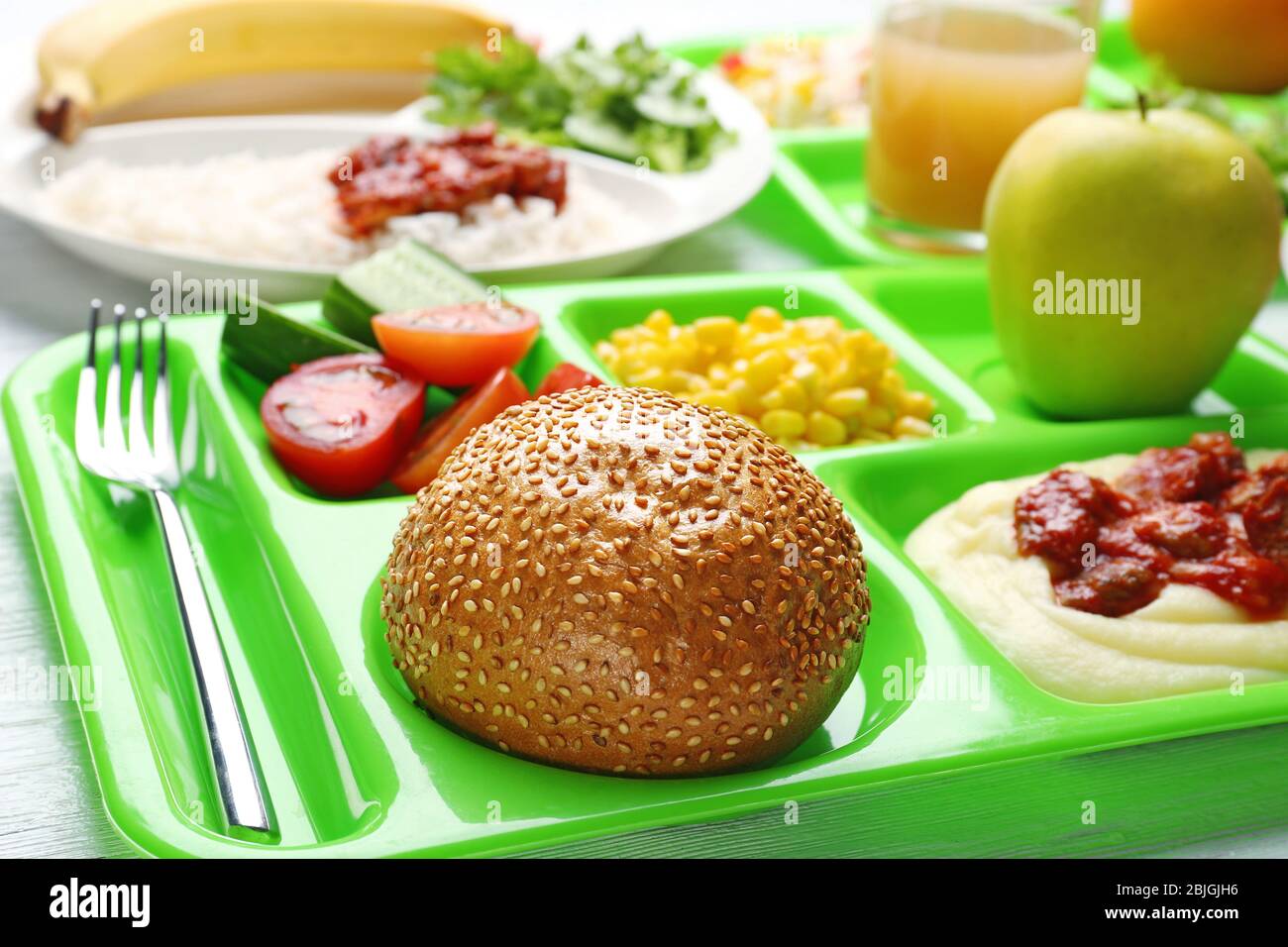 Serving tray with delicious food, closeup. Concept of school lunch ...